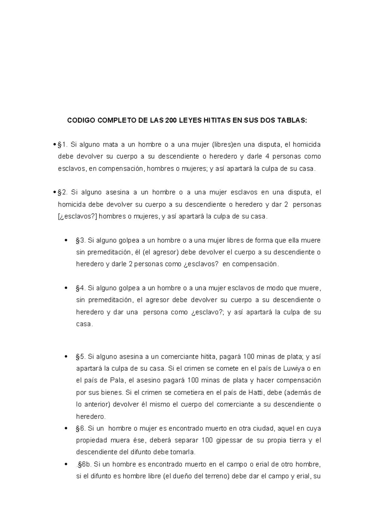 Codigo Completo DE LAS 200 Leyes Hititas EN SUS DOS Tablas - CODIGO ...