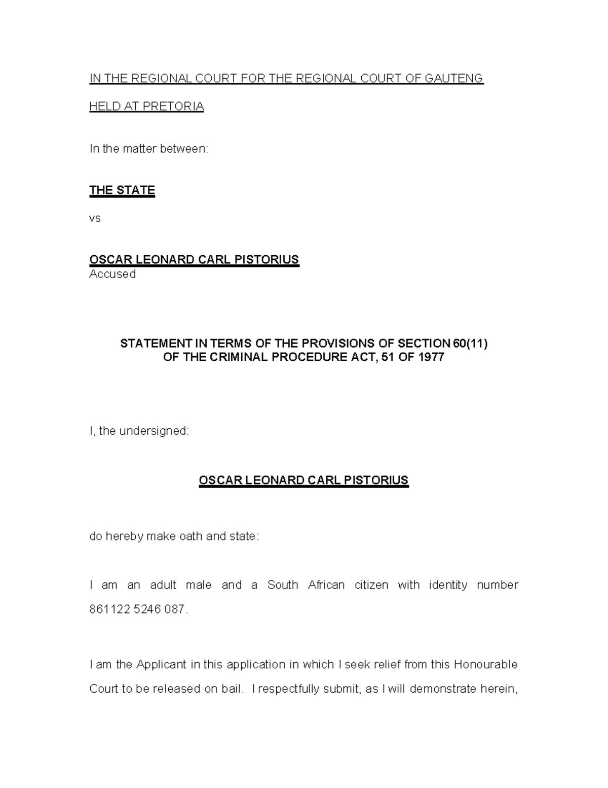 Affidavit IN THE REGIONAL COURT FOR THE REGIONAL COURT OF GAUTENG
