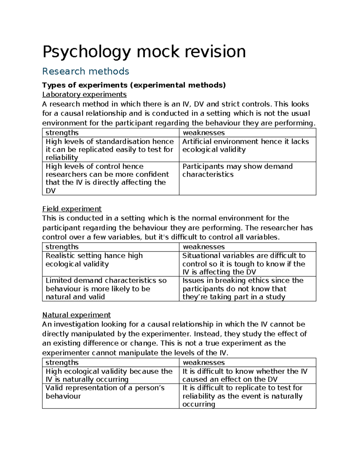 Psychology mock revision - Psychology mock revision Research methods ...