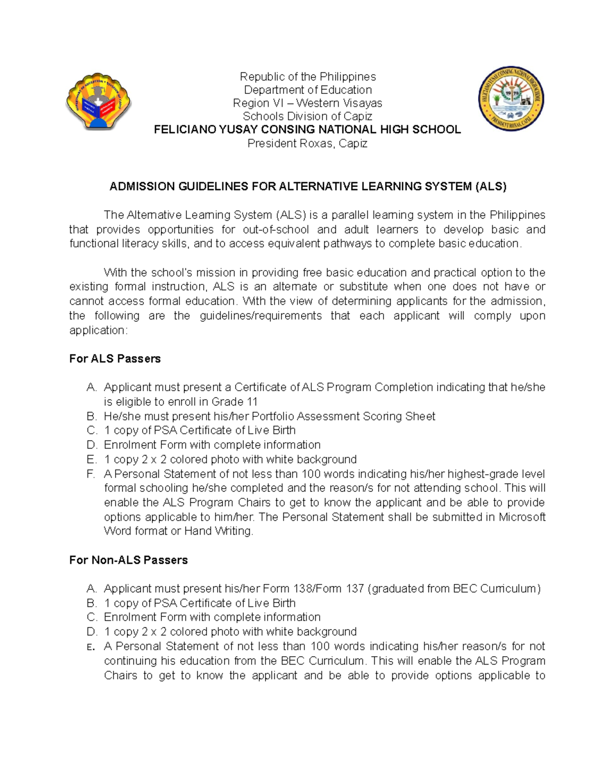 ALS Admission Guidelines Sample Guidelines - Republic of the ...