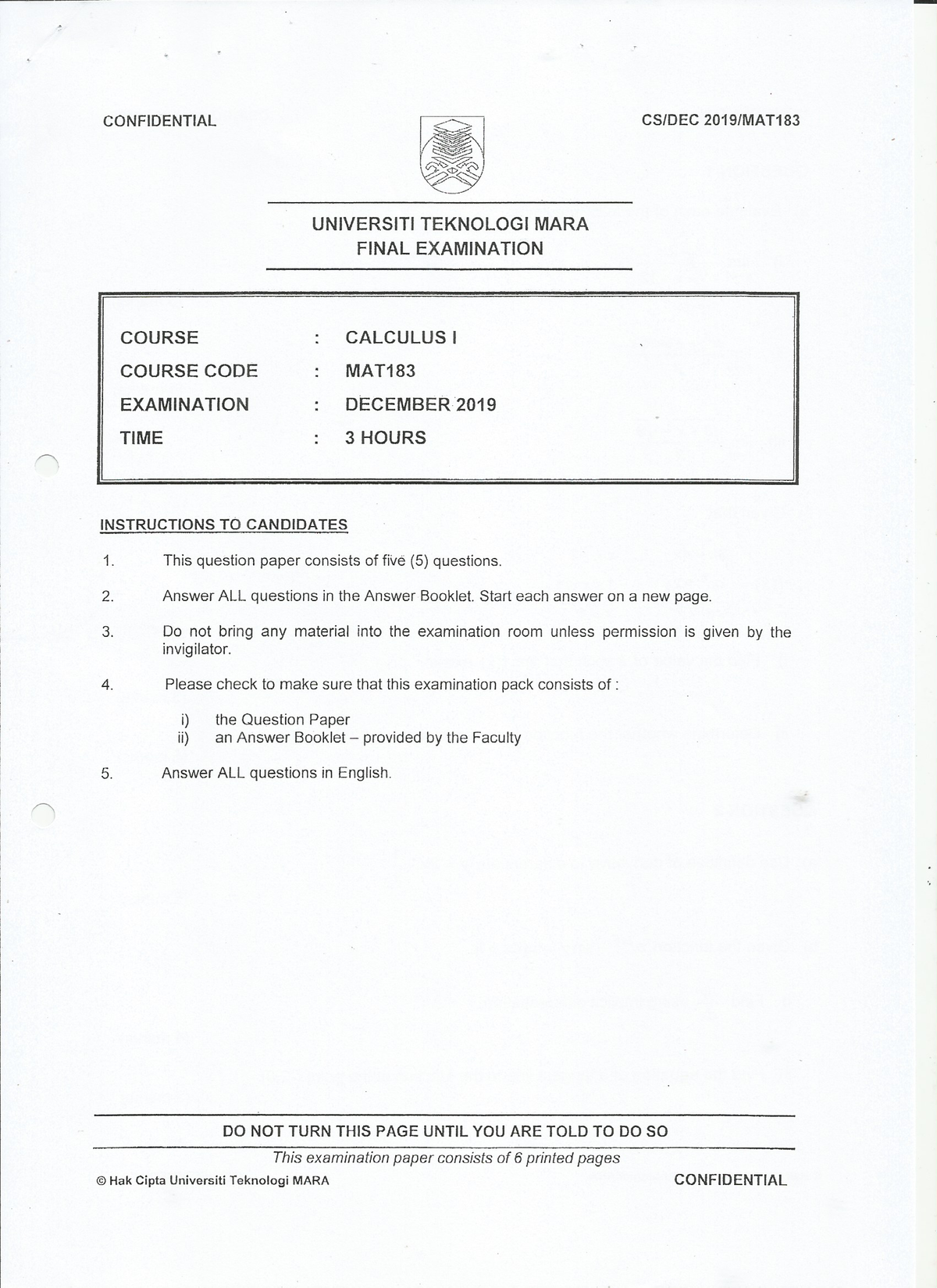 PYQ 2019 12 - Past Year Question MAT183 2019 - Calculus I - Studocu