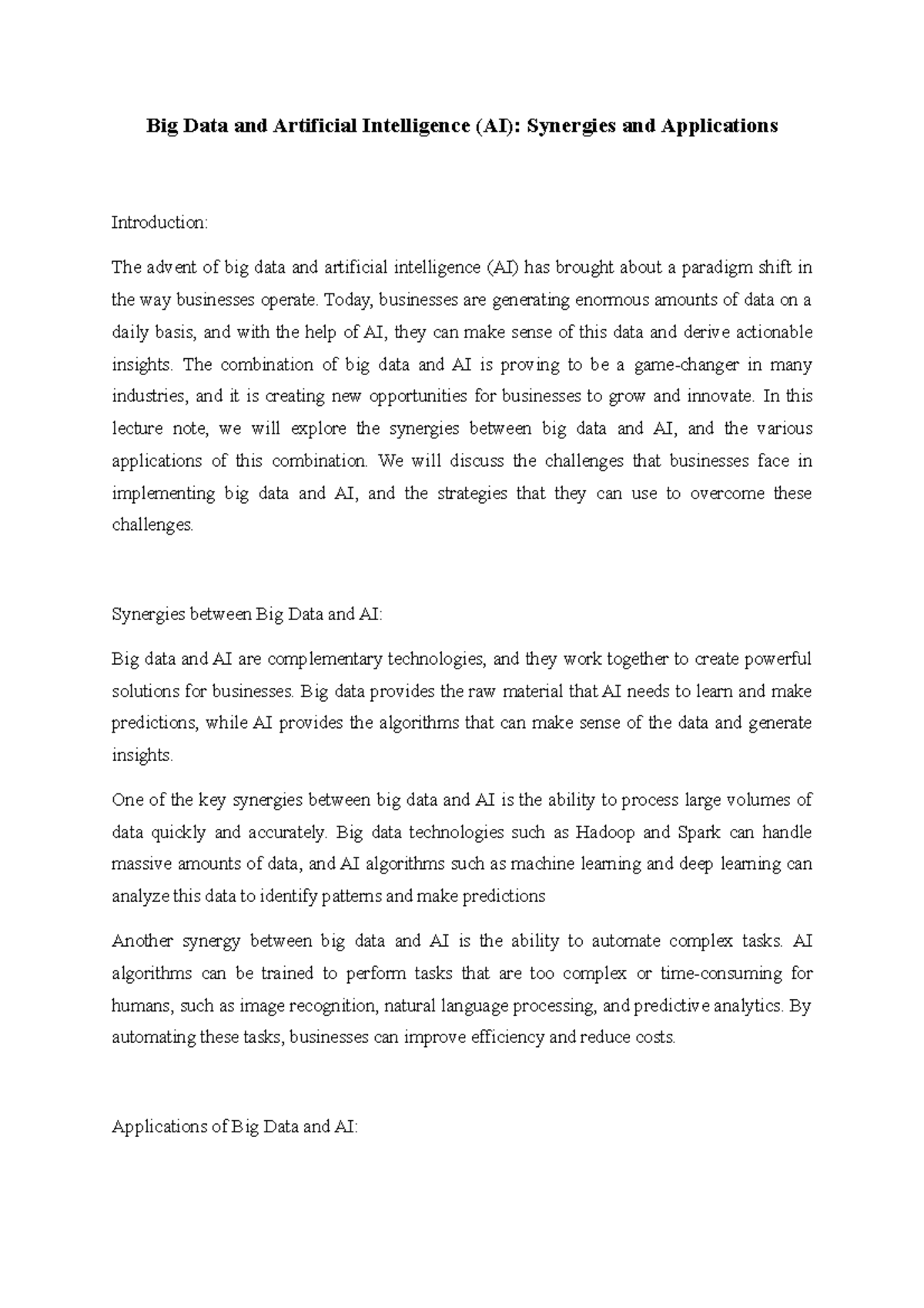 Big Data and Artificial Intelligence (AI) - Today, businesses are ...