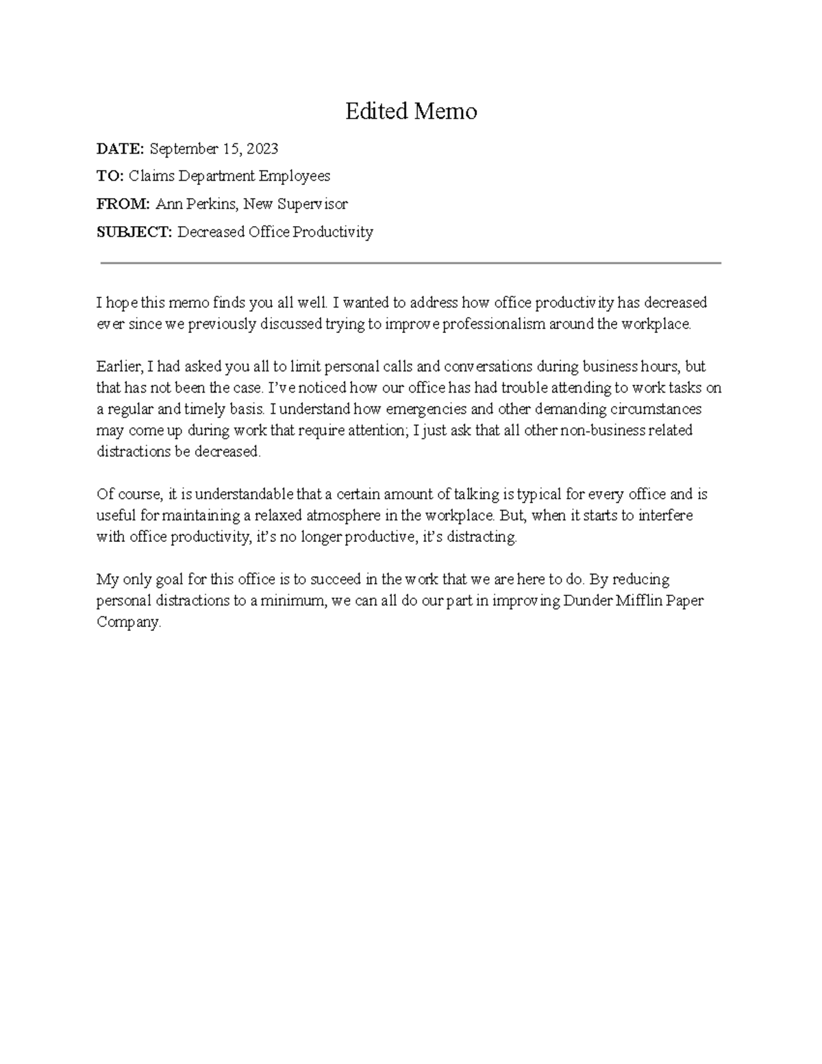 Technical Writing Final Exam Part 2 - Edited Memo DATE: September 15 ...