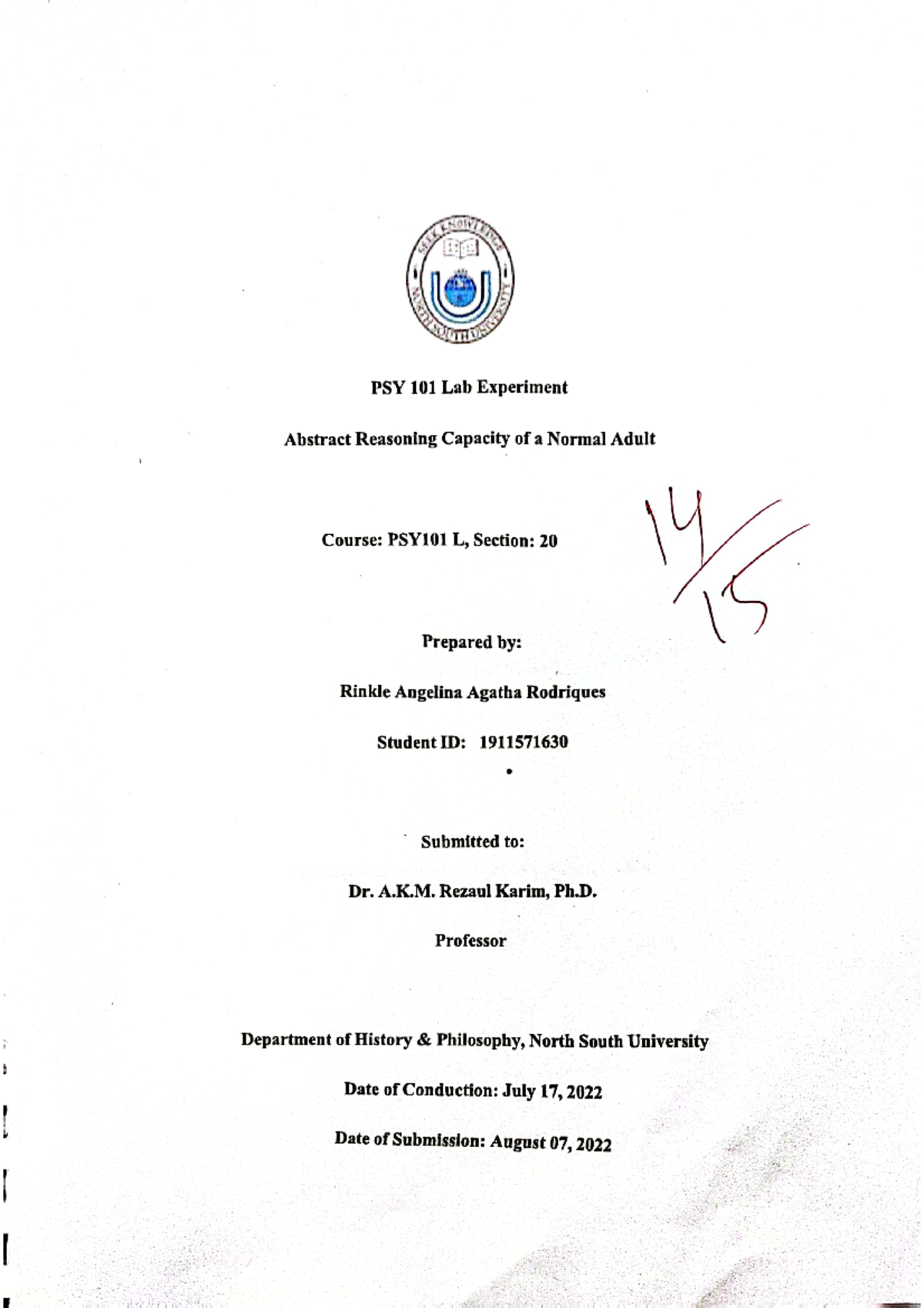 Psy101 Lab Exp 2 Sample - Lab report 2 - Introduction to Psychology Lab ...