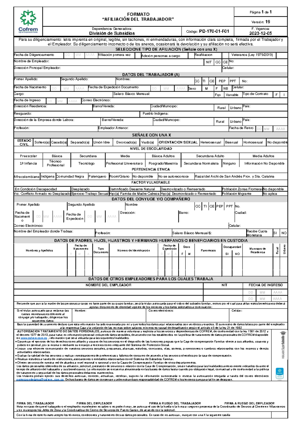 Formulario Version Cofrem 19 (1) - FORMATO “AFILIACIÓN DEL TRABAJADOR ...