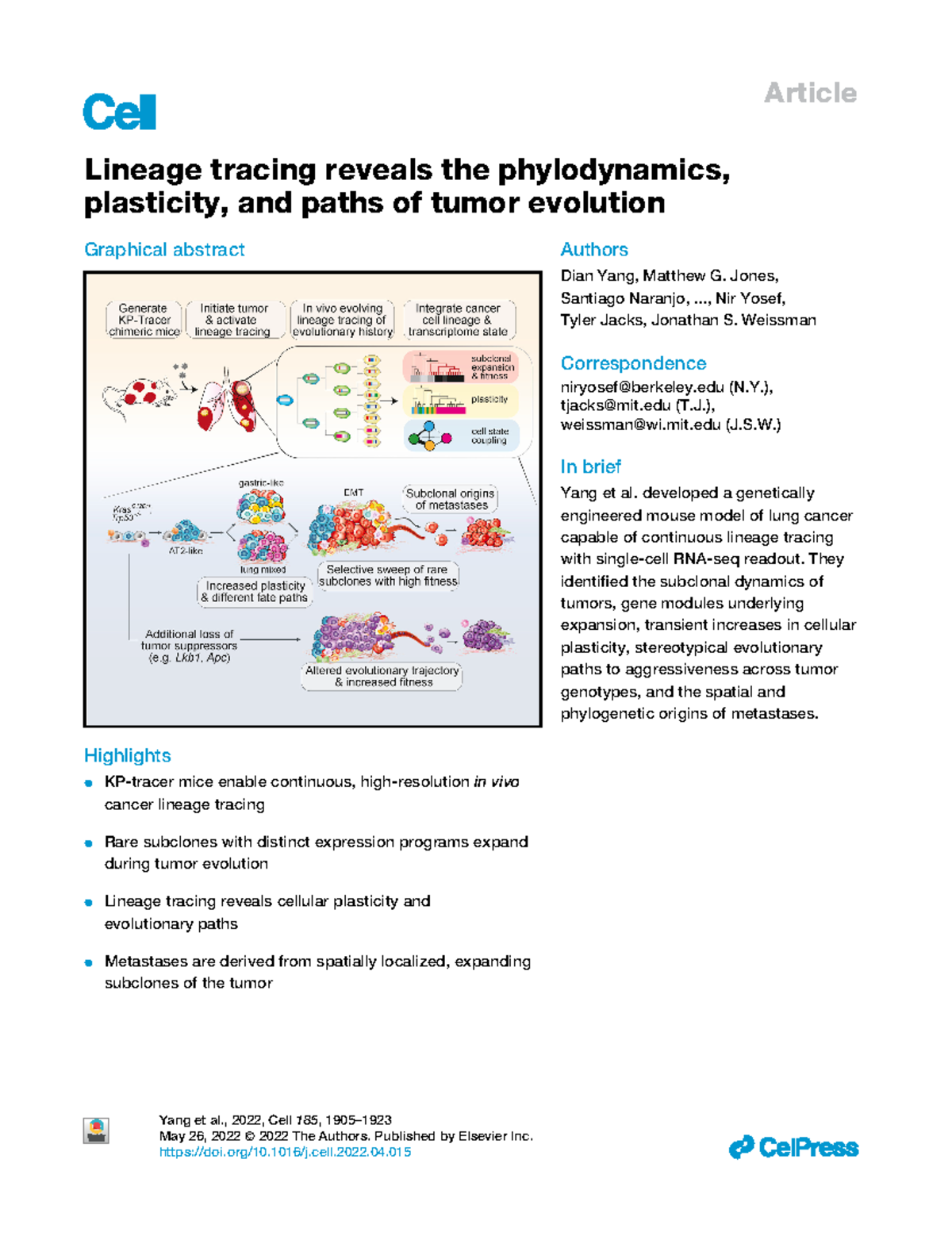 2022 Jonathan Weissman Lineage tracing reveals the phylodynamics ...