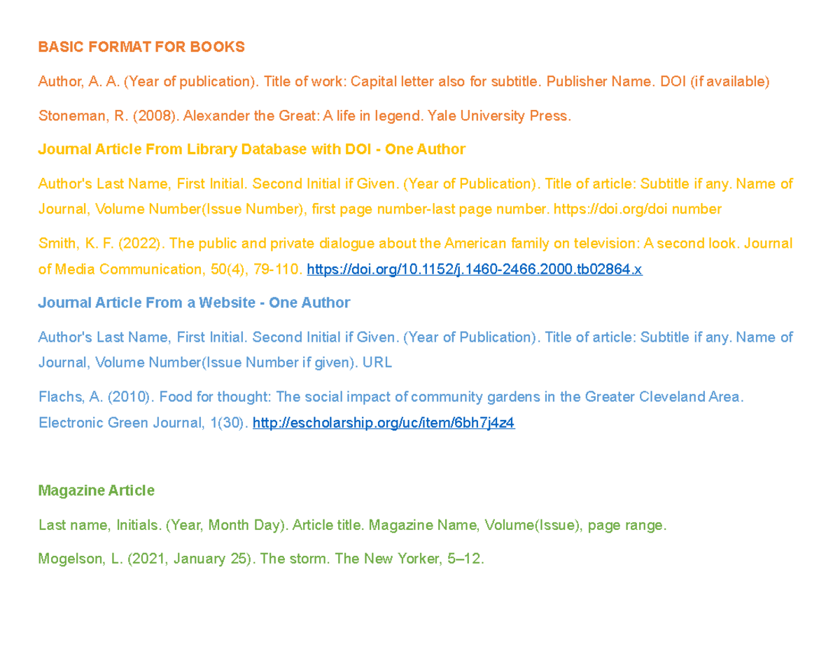 For Trick or Toss - Citation Exercise - BASIC FORMAT FOR BOOKS Author ...