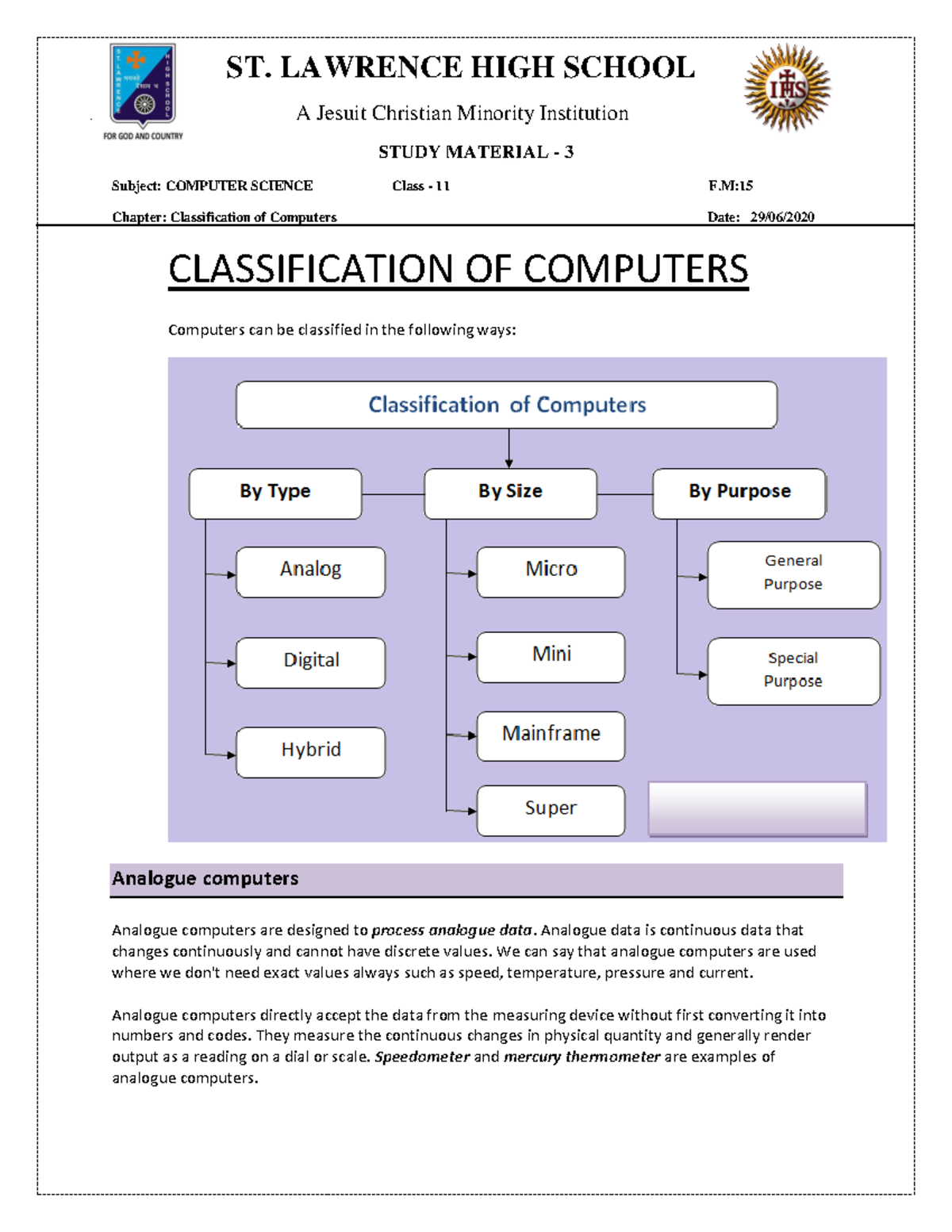 Classification of Computers - ST. LAWRENCE HIGH SCHOOL A Jesuit ...