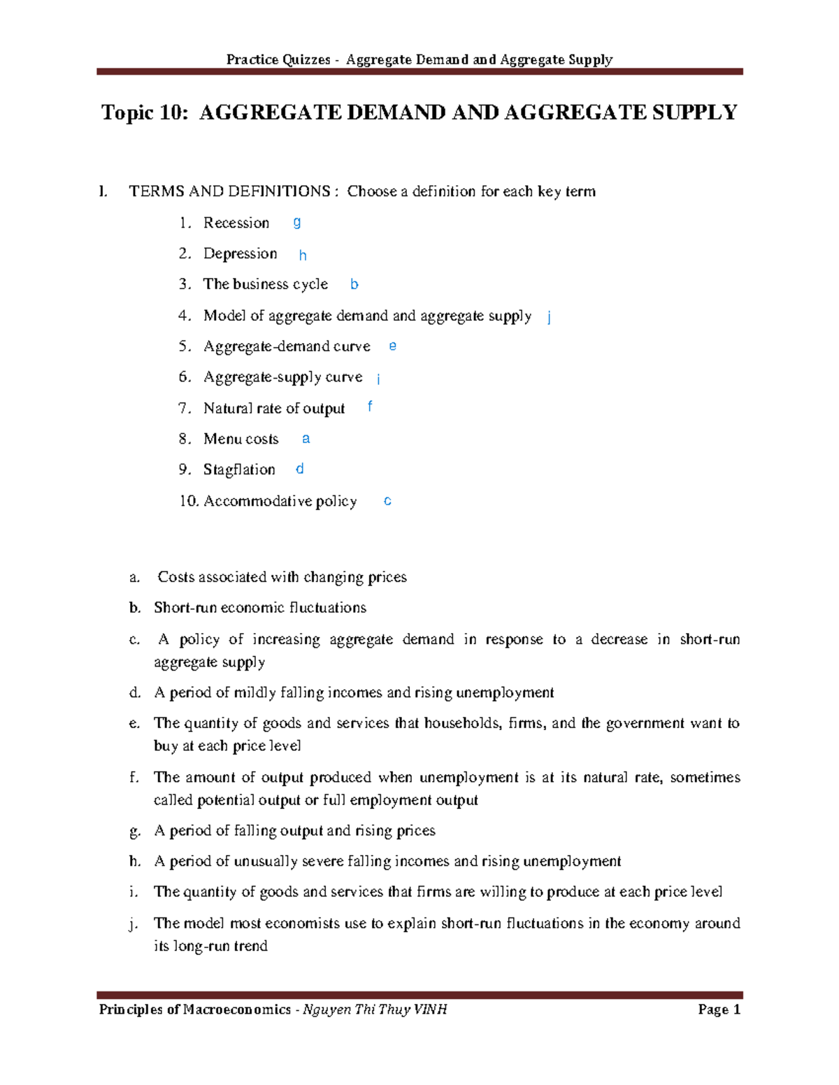Practice Quizzes Topic 10-C33 - Topic 10: AGGREGATE DEMAND AND ...