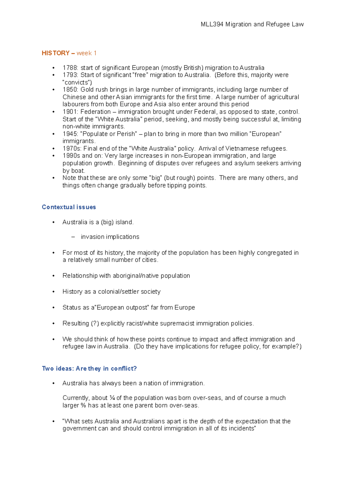 Migration Law Lecture Notes - HISTORY – week 1 1788: start of ...
