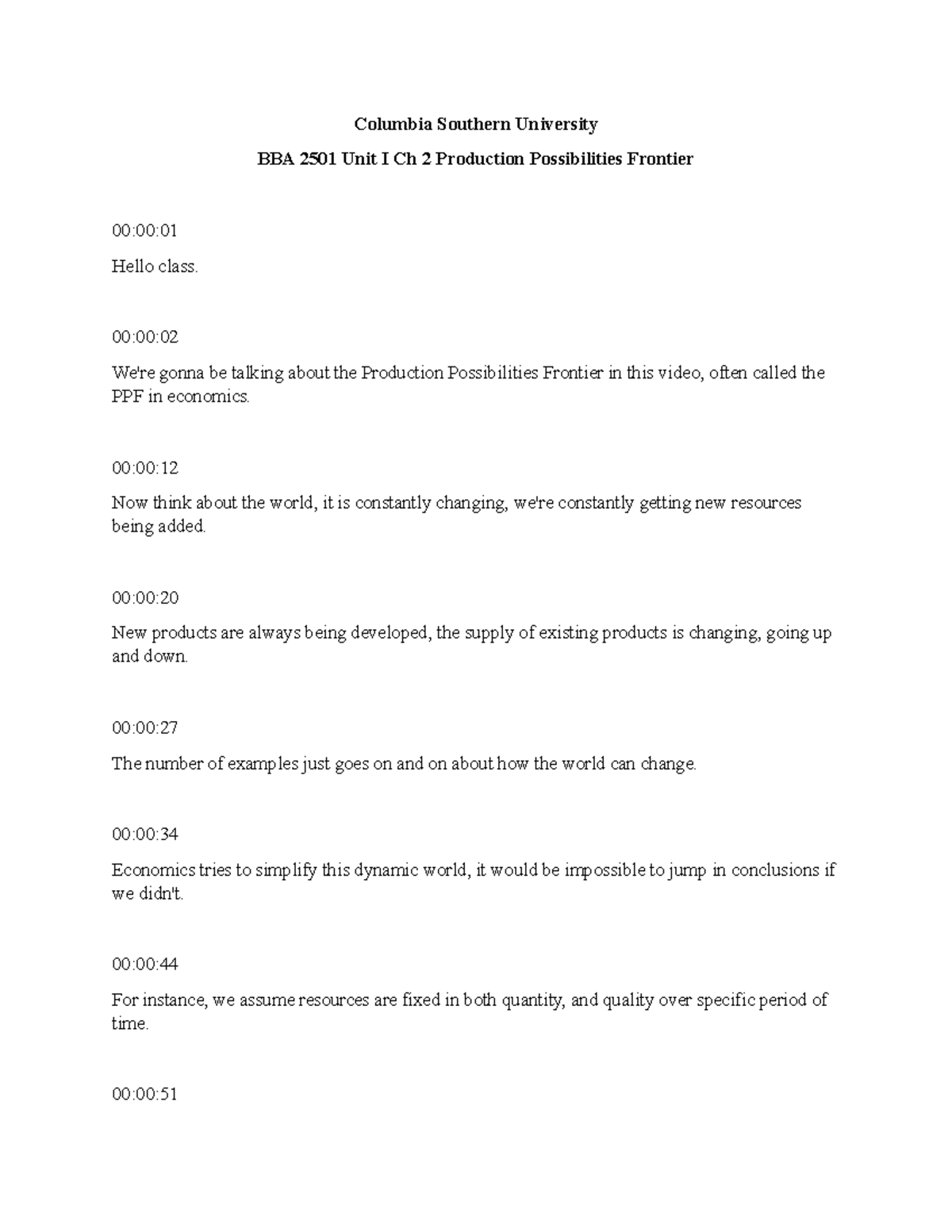 Transcript Unit I Production Possibilities - Columbia Southern ...
