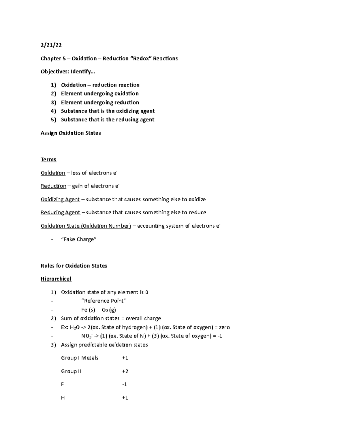 Chapter 5 Chemistry 109 - 2/21/ Chapter 5 – Oxidation – Reduction ...