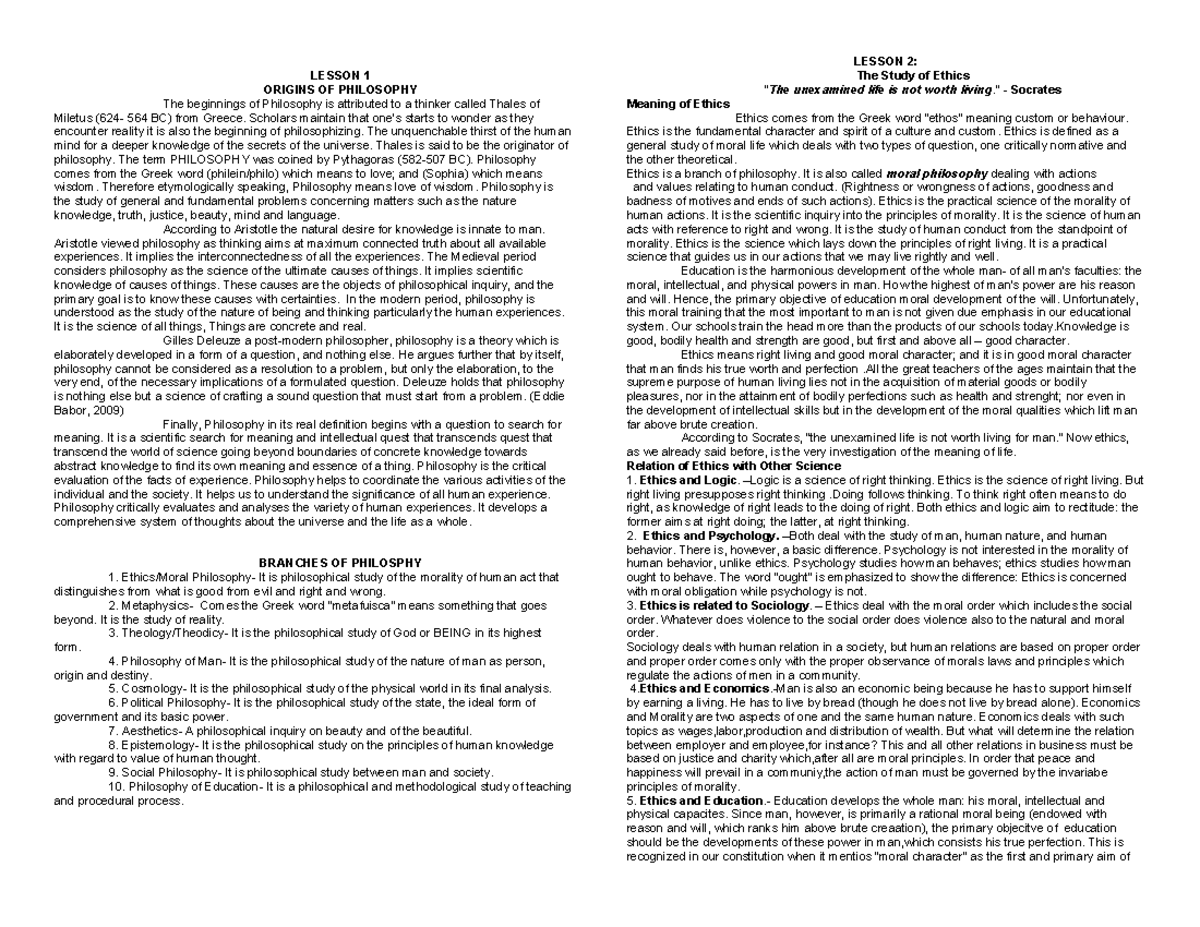 Ethics Lesson 1 5 - LESSON 1 ORIGINS OF PHILOSOPHY The beginnings of ...