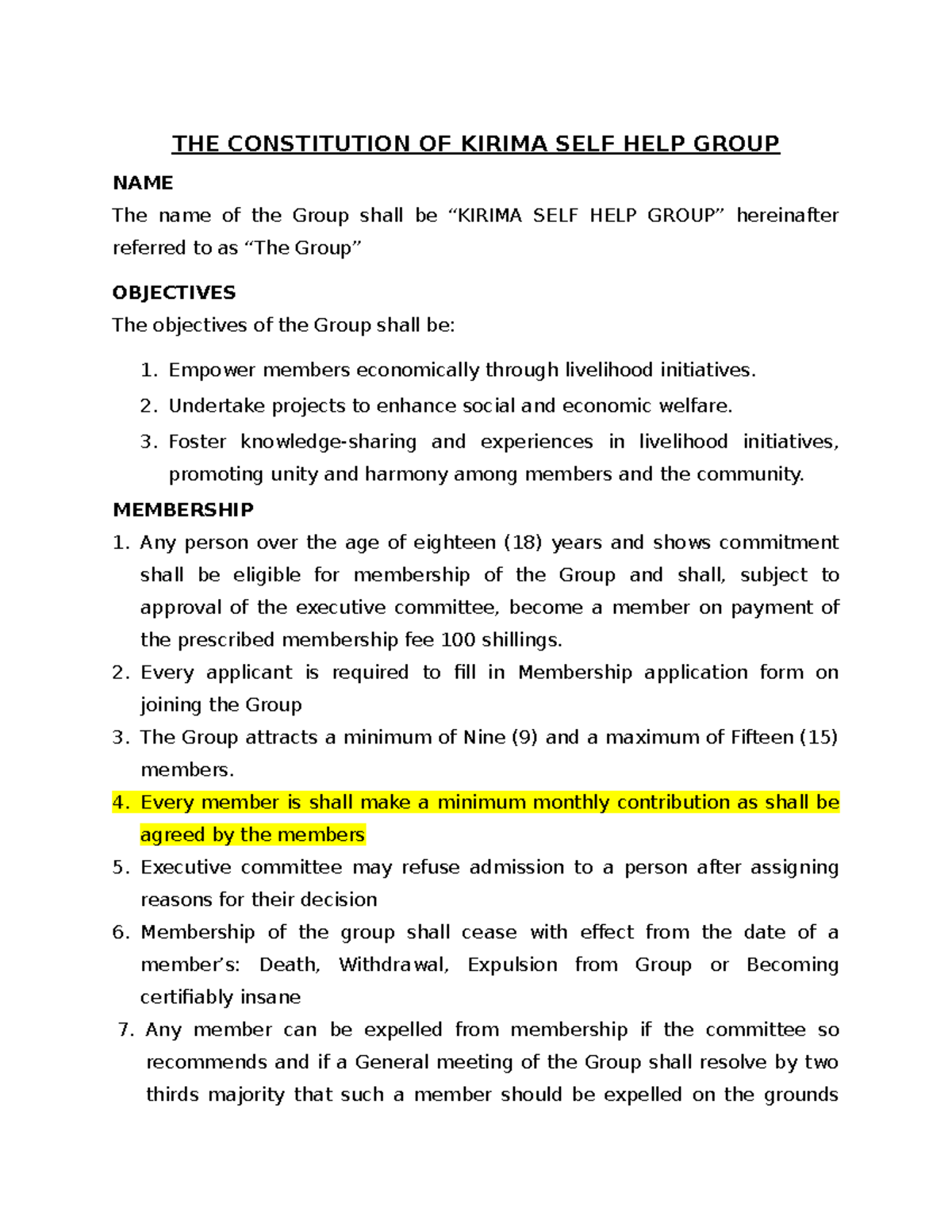 Kirima SHG dummy constituion - THE CONSTITUTION OF KIRIMA SELF HELP GROUP NAME The name of the ...