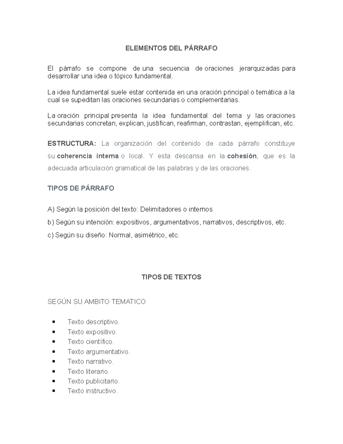 Tipos DE Textos - ELEMENTOS DEL PÁRRAFO El párrafo se compone de una ...