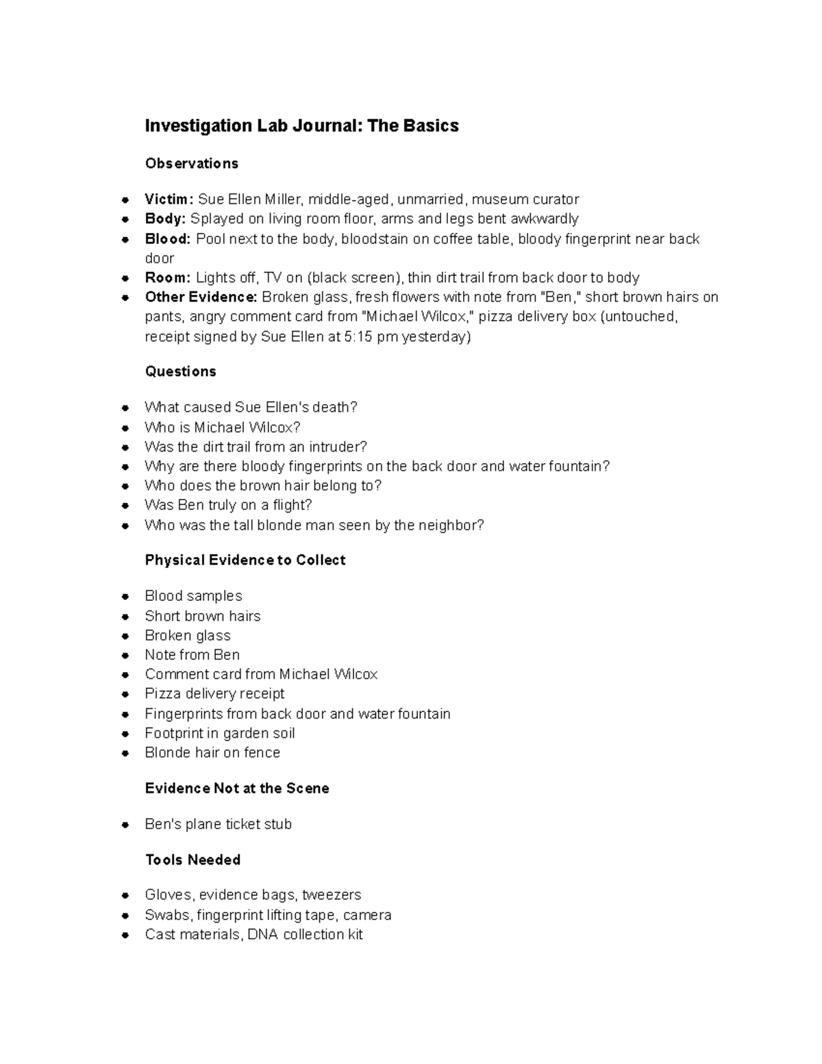 Unit 3: Physical Evidence- Strand 4 - Investigation Lab Journal: The ...