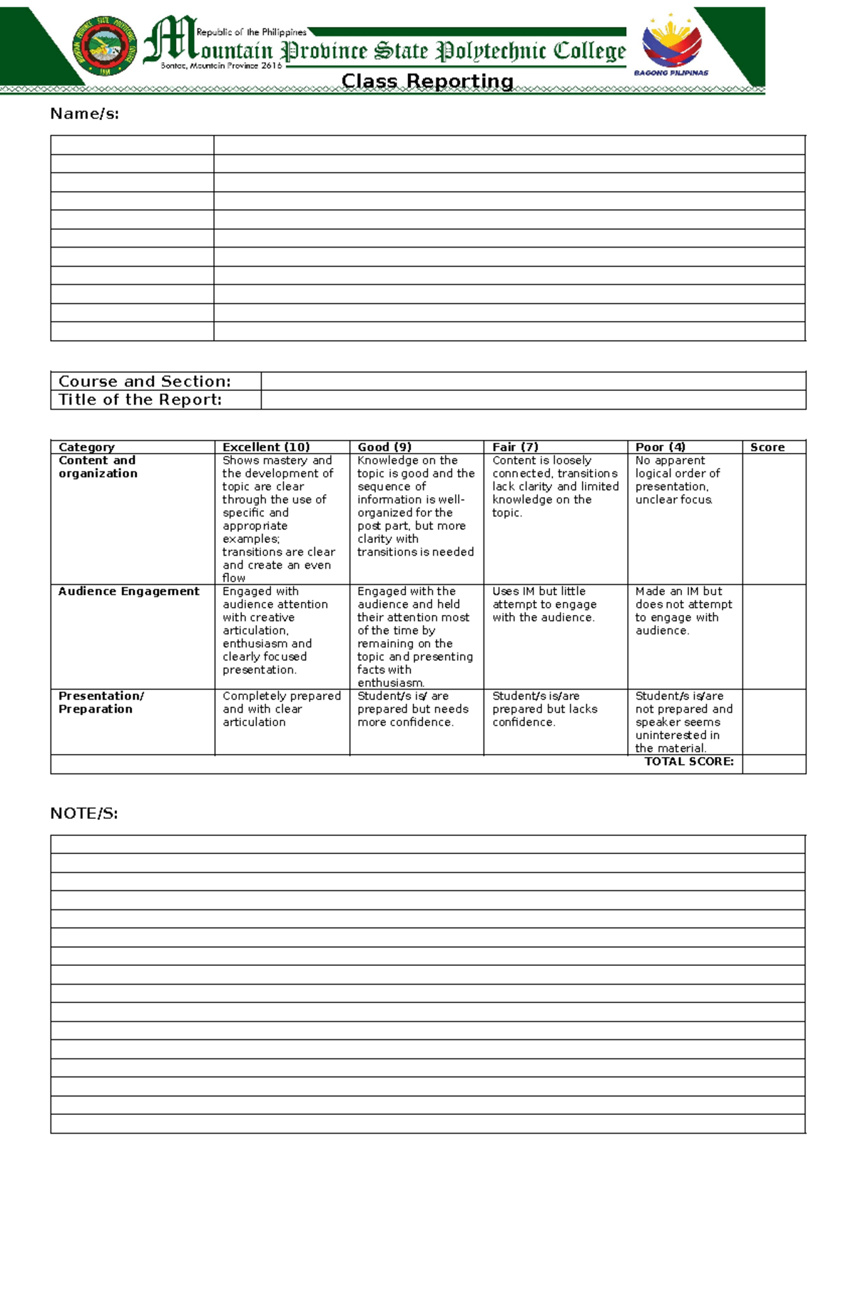 Rubrics Class Reporting - Class Reporting Name/s: Course and Section ...
