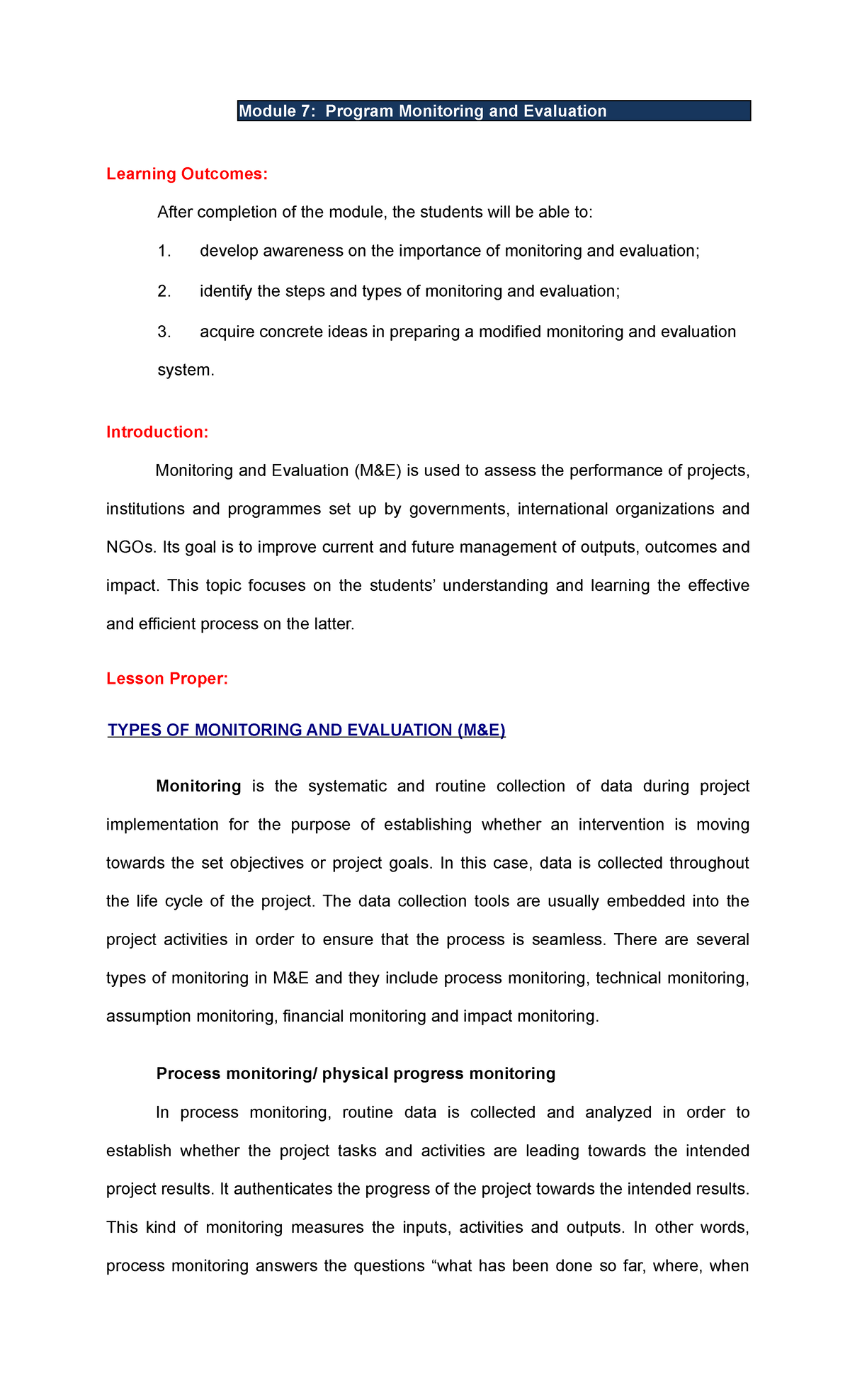 Program Monitoring and Evaluation - Module 7: Program Monitoring and ...