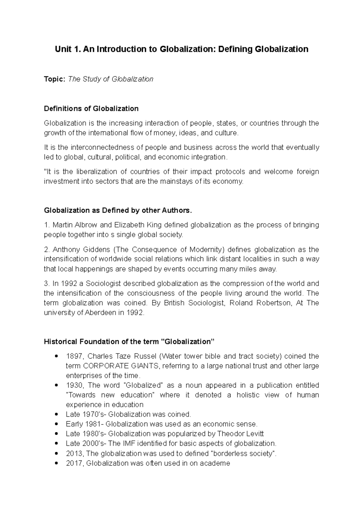 Contemporary World (Group 1) - Unit 1. An Introduction to Globalization ...