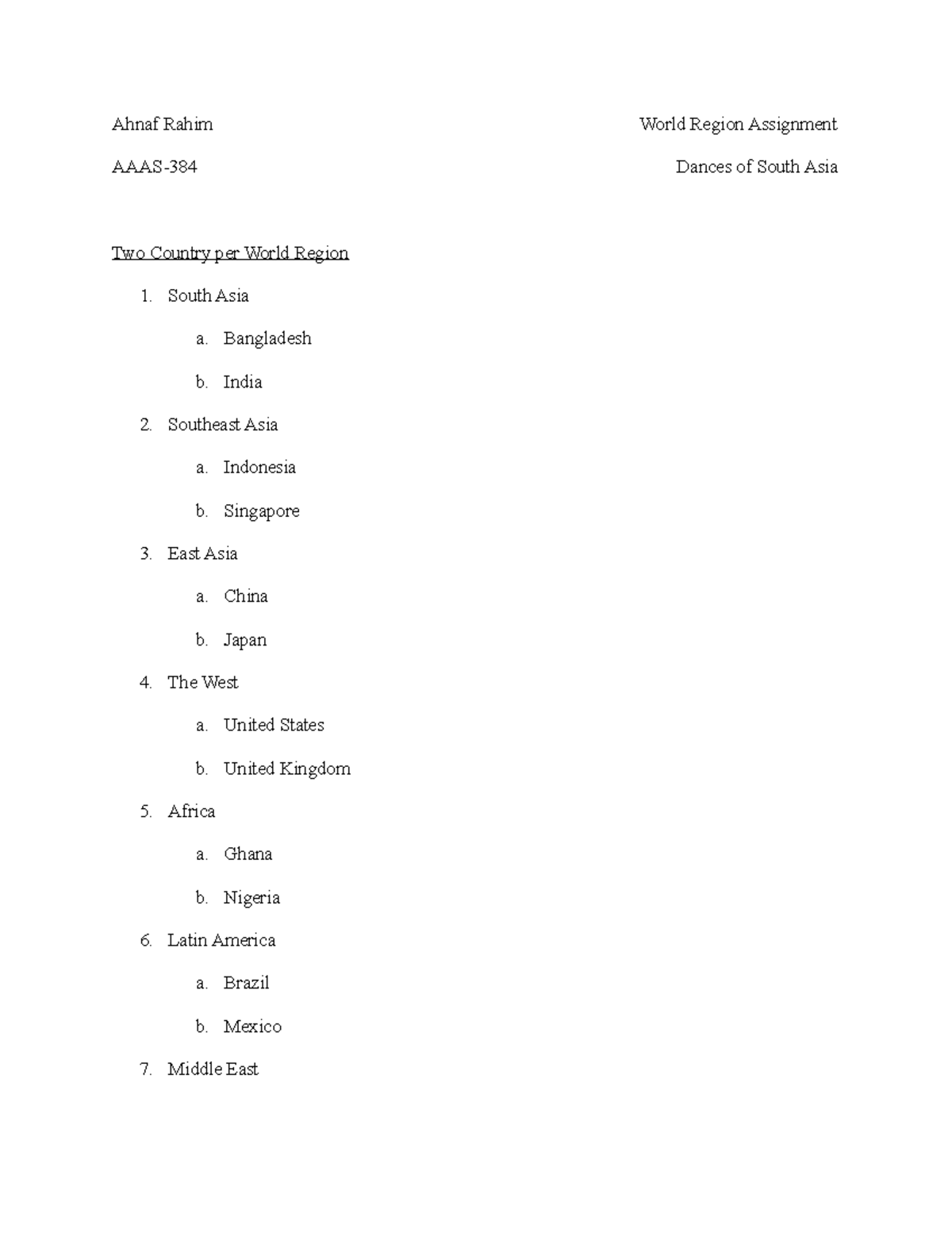 Dance Assignment 1 - Ahnaf Rahim World Region Assignment AAAS-384 ...