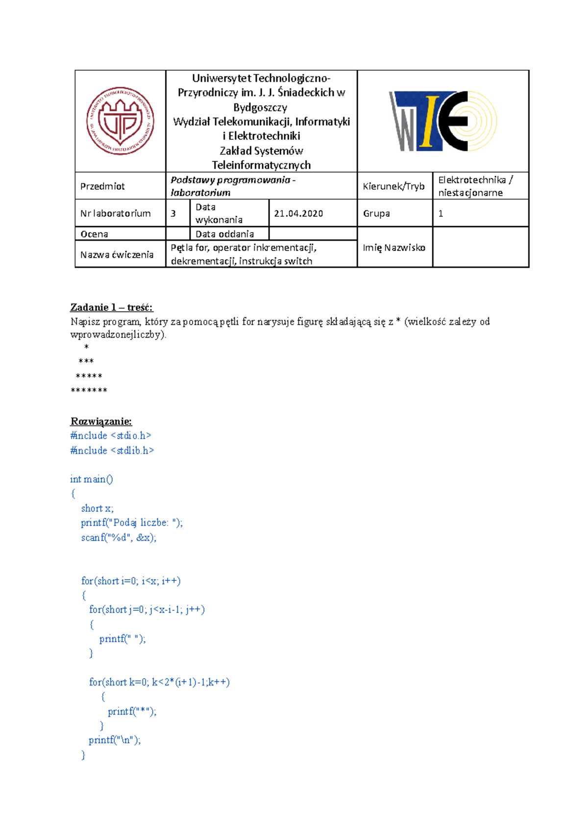 Podstawy Programowania Sprawozdanie 3 - Uniwersytet Technologiczno ...