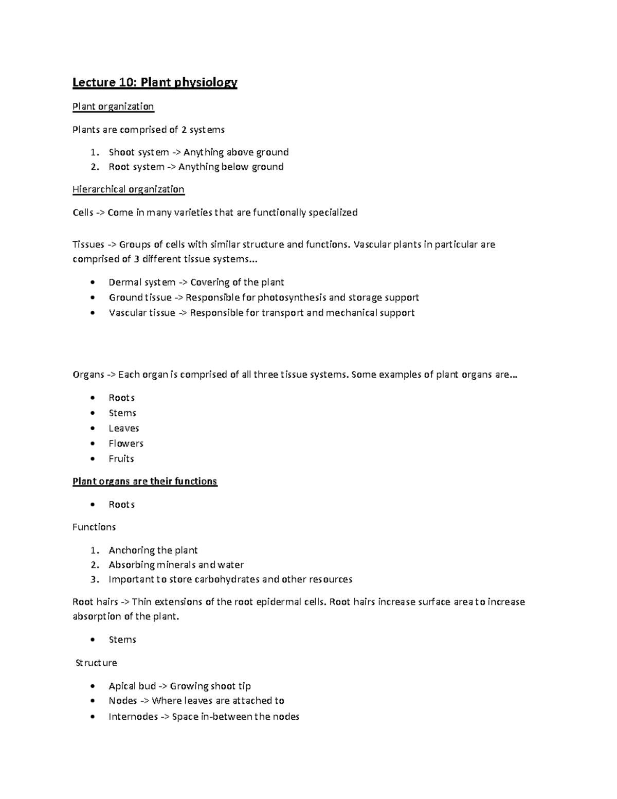 Lecture 10 and 11 notes - Lecture 10: Plant physiology Plant ...