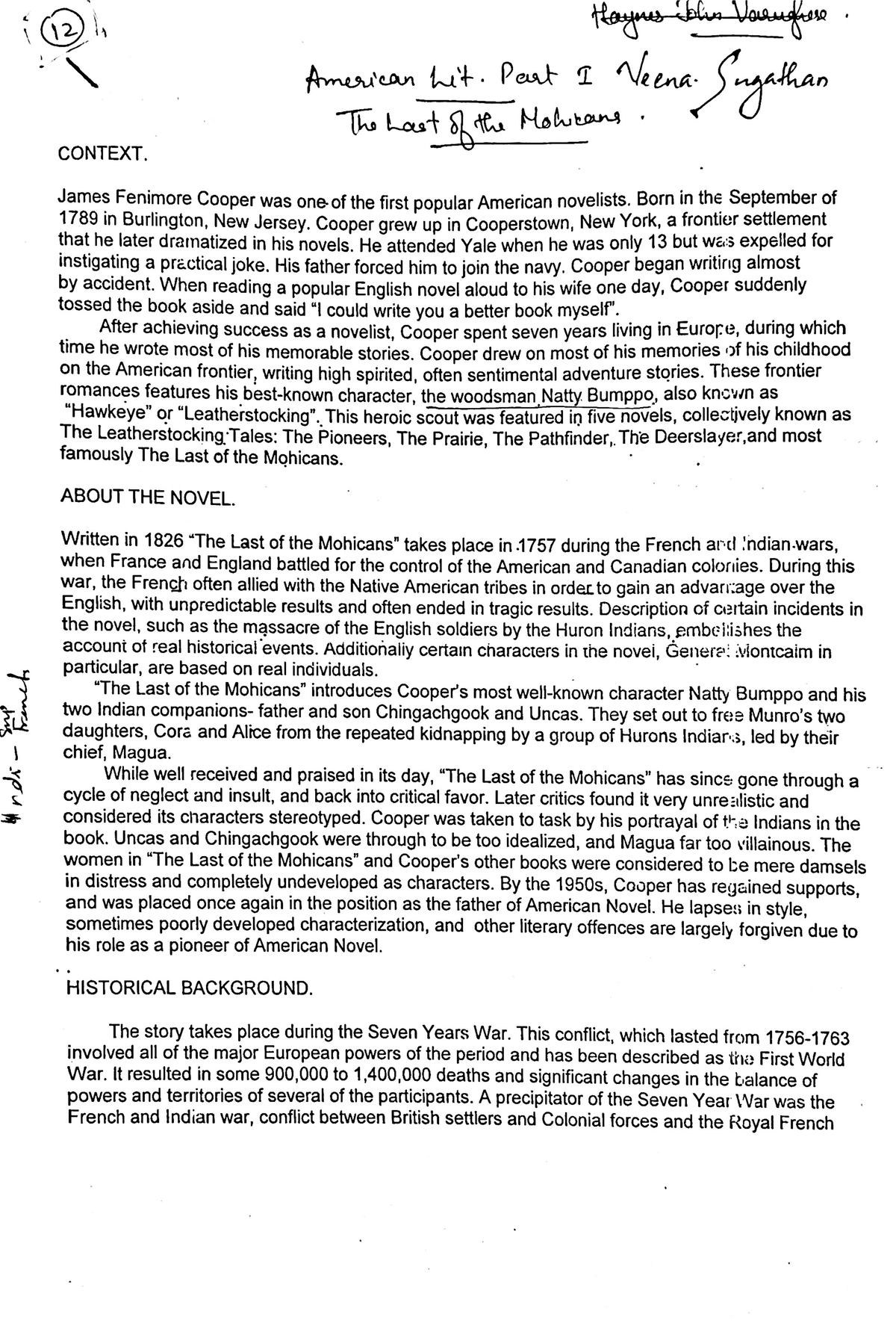 LAST OF Mohikans- James Fenimore - M A English Language and Literature ...