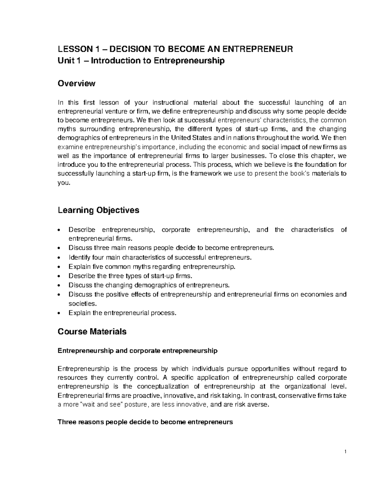 BS Entrep 1 1 Entrepreneurial Behavior 4 - LESSON 1 – DECISION TO ...