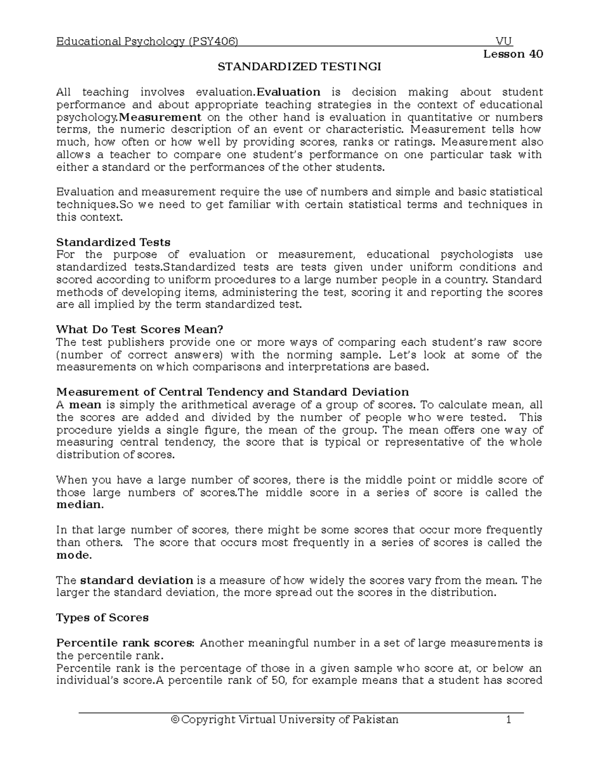 PSY406 Marked Handout 6 - Lesson 40 STANDARDIZED TESTINGI All teaching ...