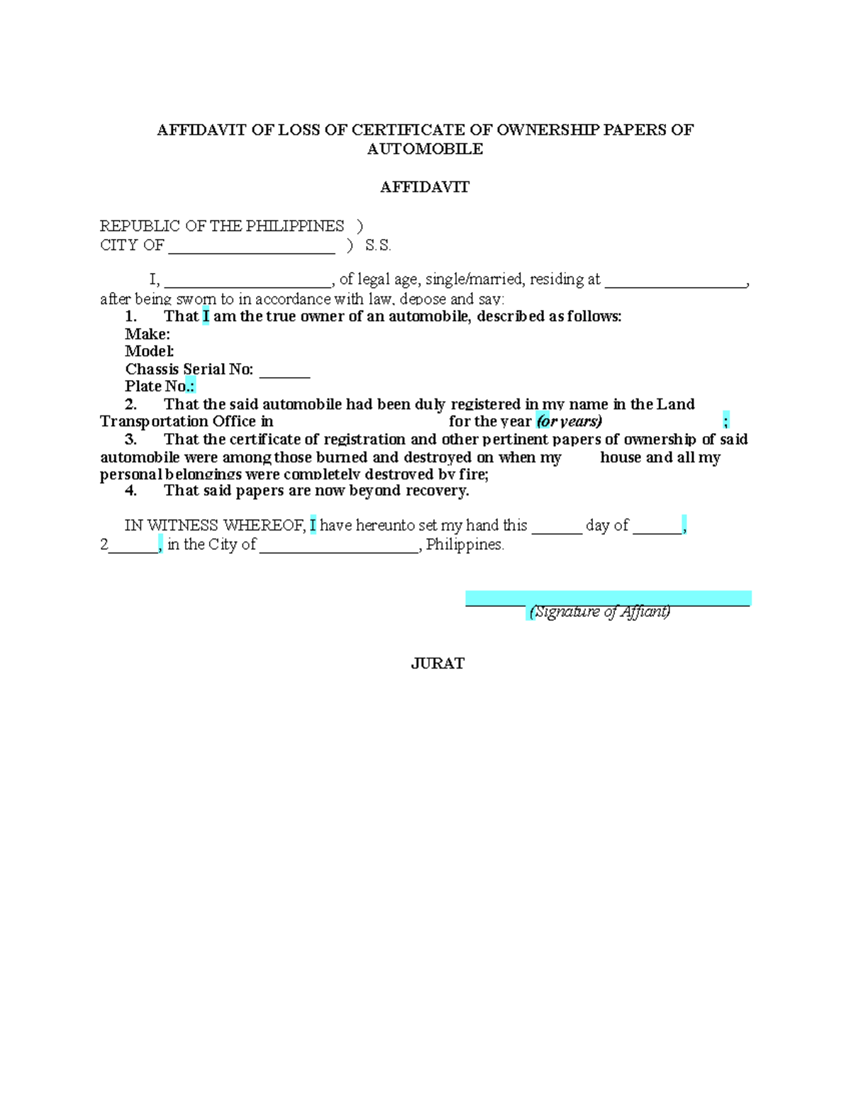 Affidavits format - AFFIDAVIT OF LOSS OF CERTIFICATE OF OWNERSHIP ...