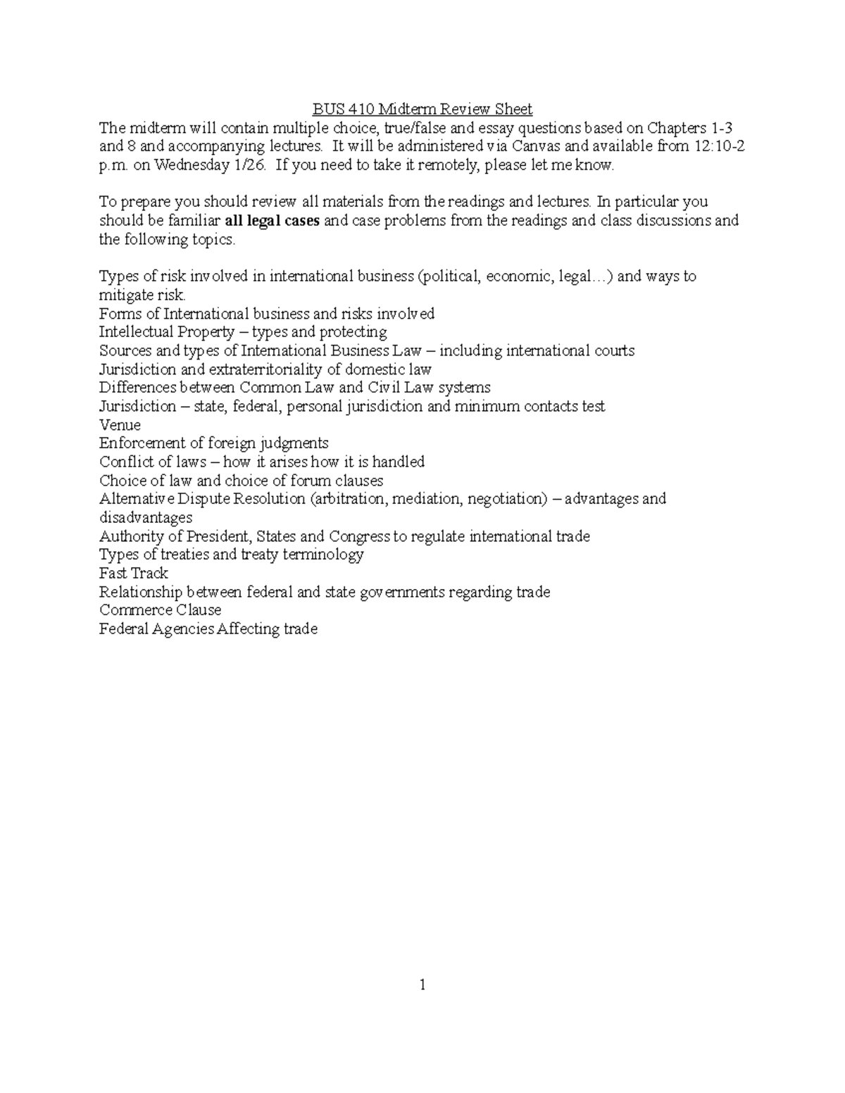 Mid Rev - midterm review - BUS 410 Midterm Review Sheet The midterm will contain multiple choice ...