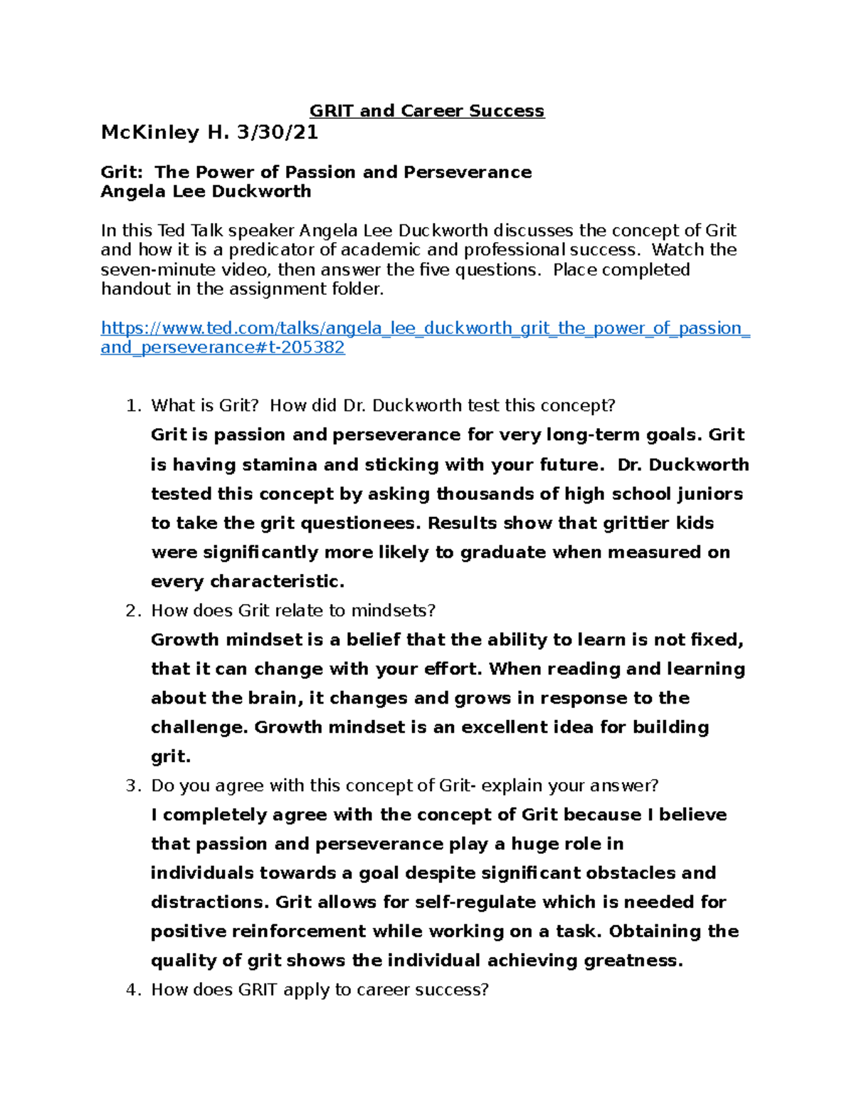Grit Assignment - Grit - GRIT and Career Success McKinley H. 3/30/ Grit ...