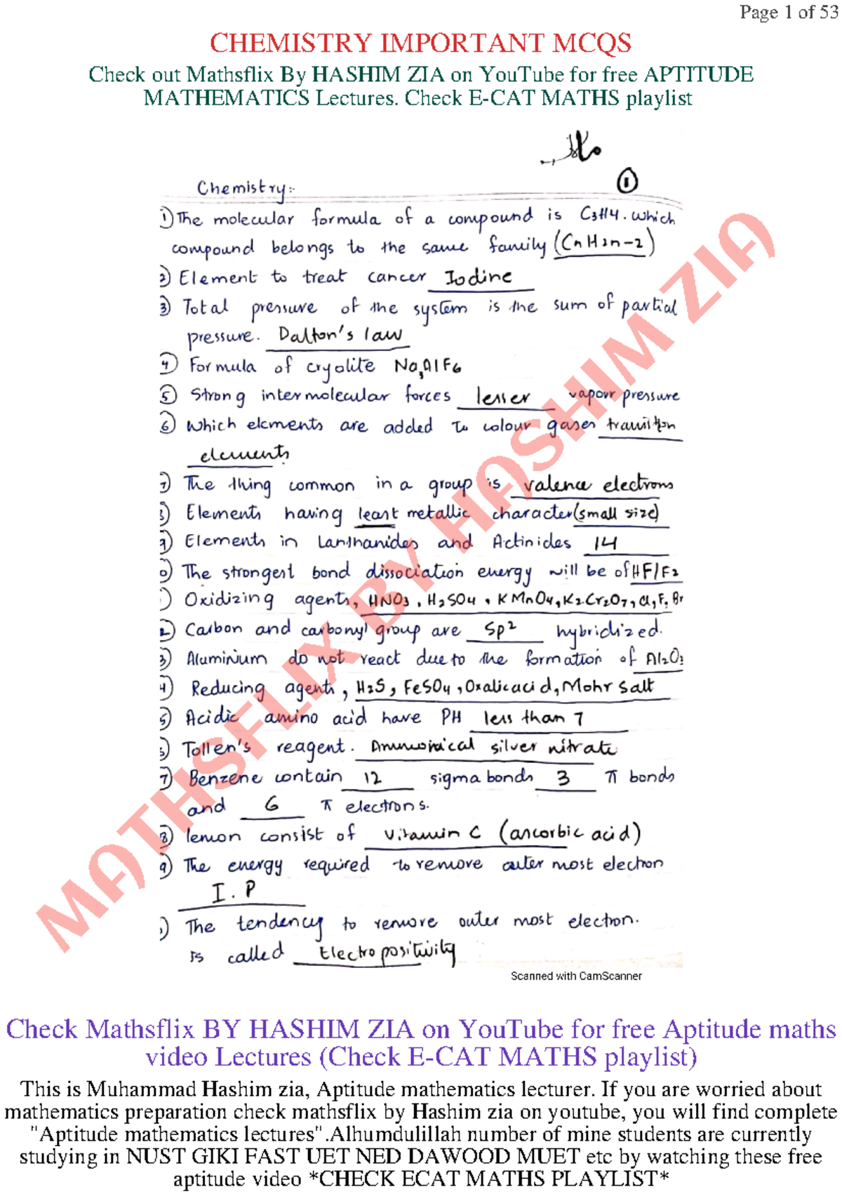 Chemistry Important MCQS - MATHSFLIX BY HASHIM ZIA CHEMISTRY IMPORTANT ...