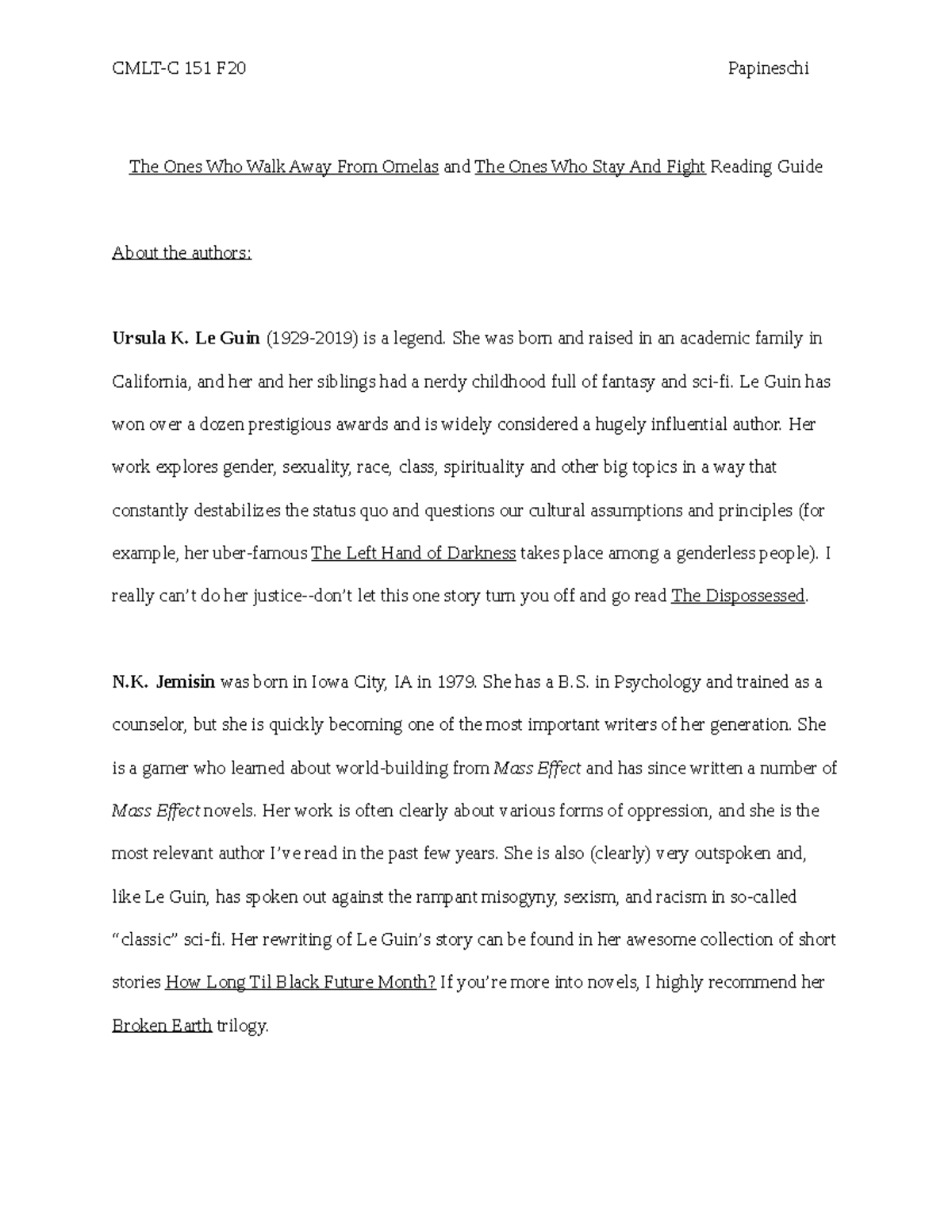 The Ones Who Reading Guide - The Ones Who Walk Away From Omelas and The ...