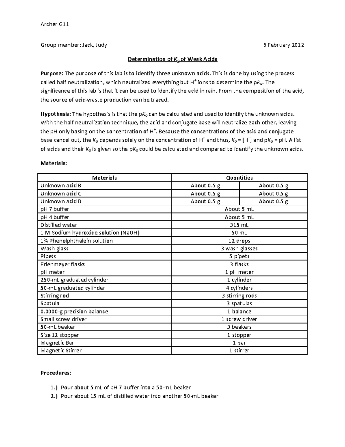 Wis ap chem lab 14 ka of weak acids archer - Group member: Jack, Judy 9 ...