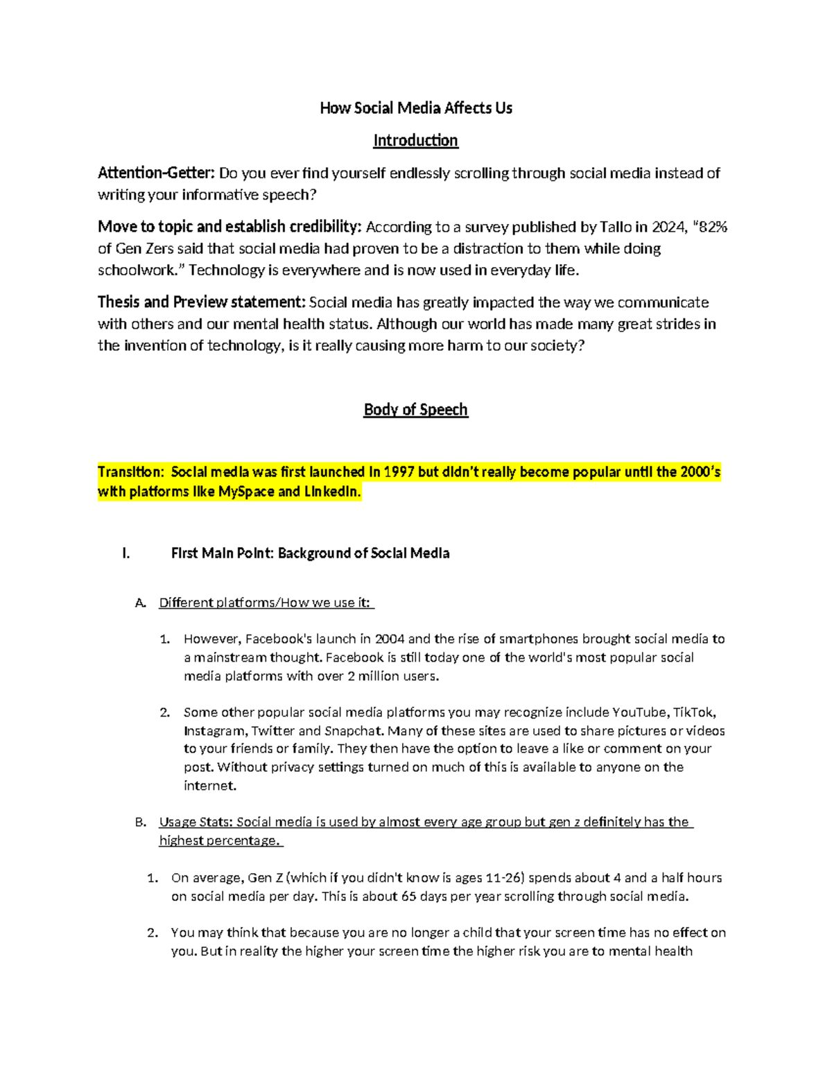 Speech 2 Informative Speech; Ella Fields - How Social Media Affects Us ...