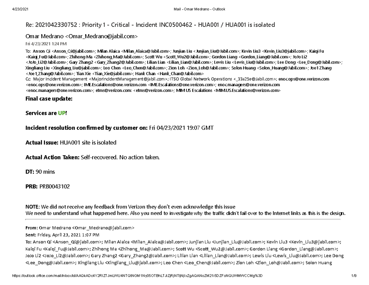 INC0500462 - Incident management - Re: 2021042330752 : Priority 1 ...