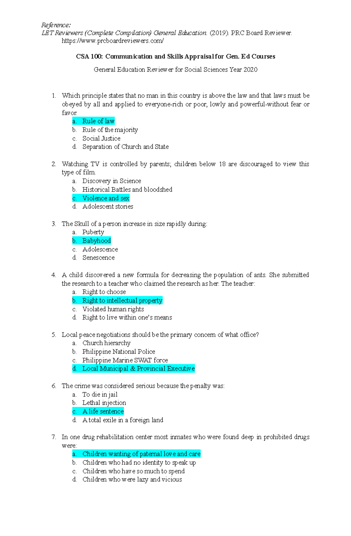 Review Questionnaire Social Science 2020- with answer - LET Reviewers ...