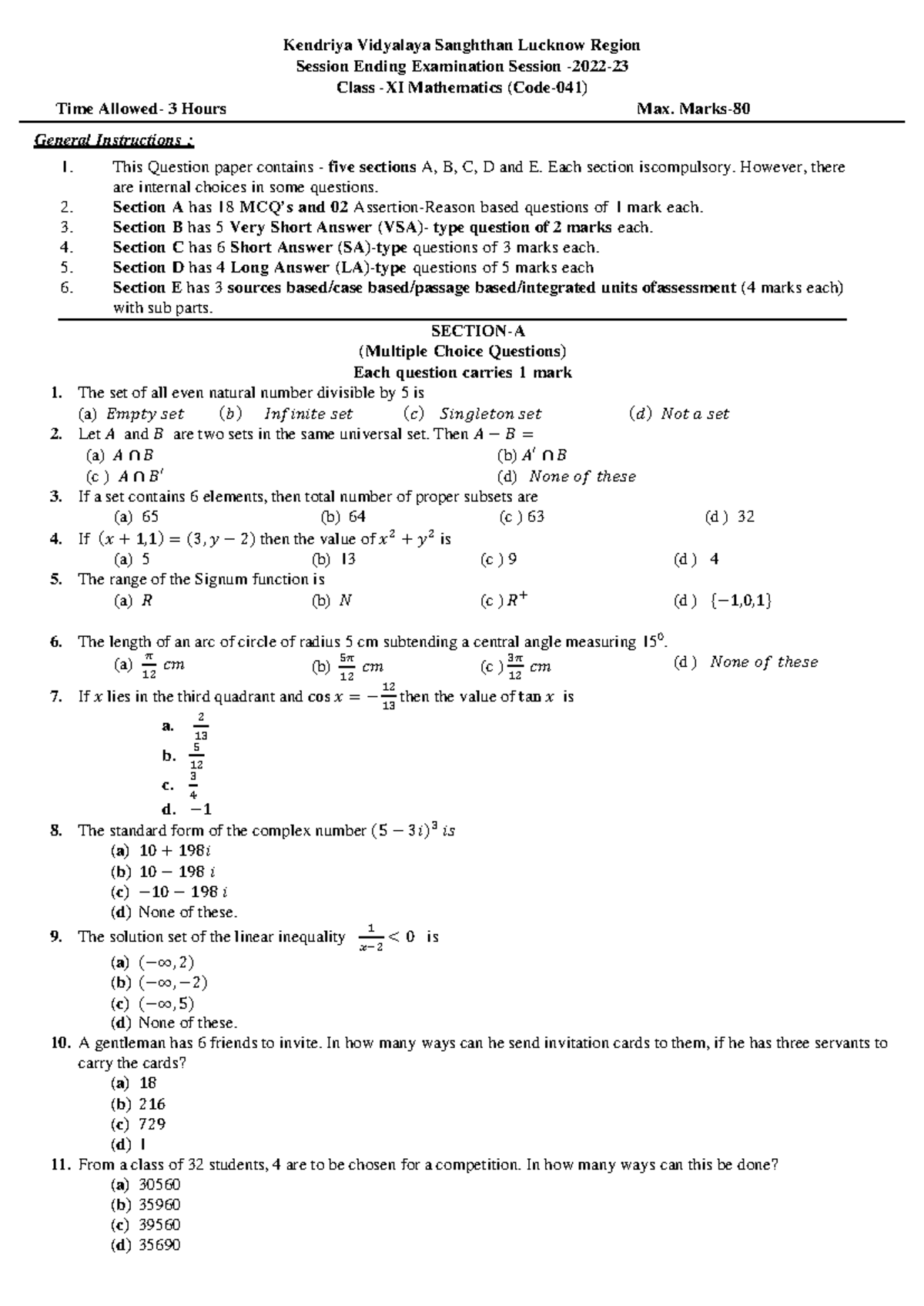 XI Maths QP Model QP SEE - Kendriya Vidyalaya Sanghthan Lucknow Region Session Ending ...