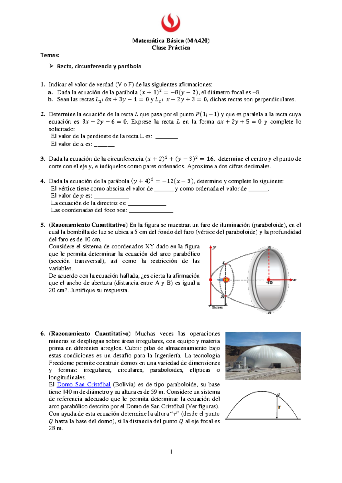 Clase práctica - 1 Matemática Básica (MA420) Clase Práctica Temas: Recta, circunferencia y - Studocu