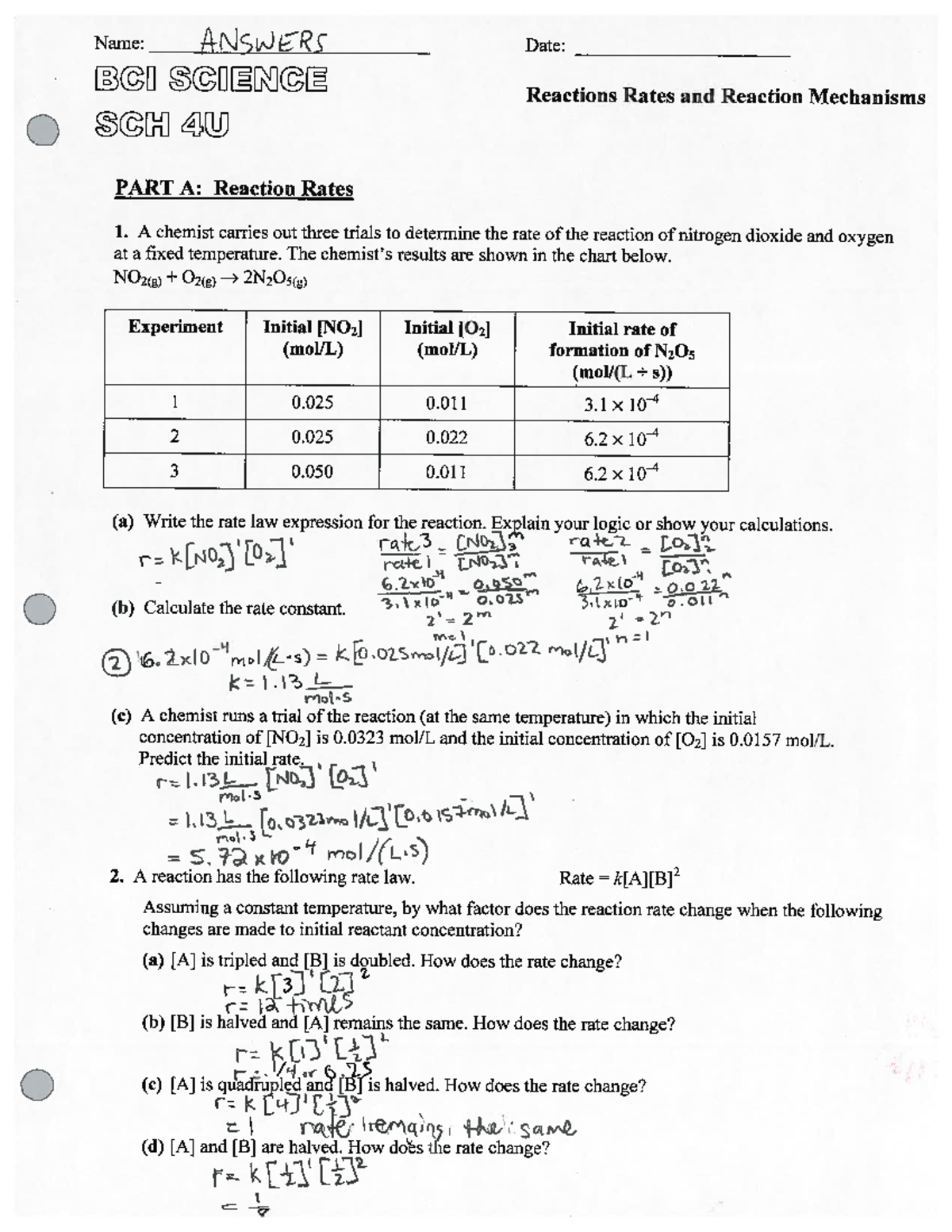Rates mechanisms - practice - Name: JQç Date: R@U @UL1GL Reactions ...