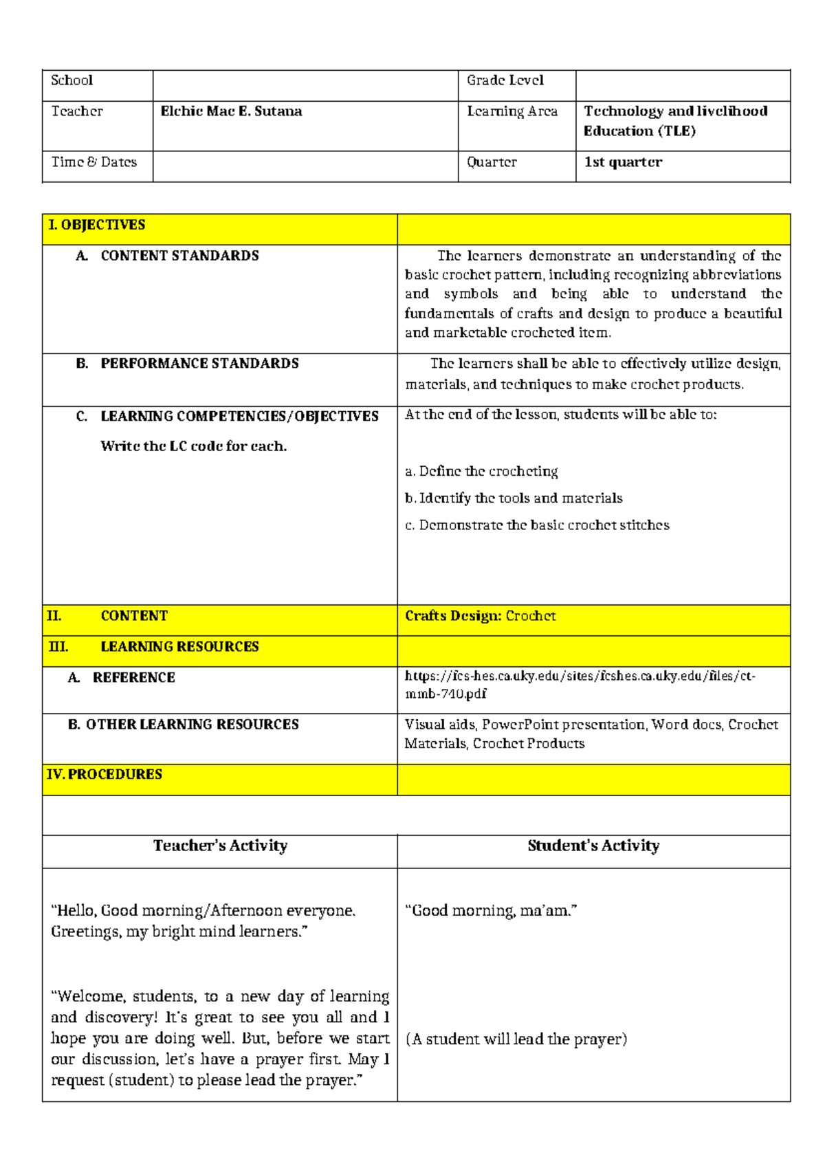 Lesson PLAN 7es ( Sutana) - School Grade Level Teacher Elchie Mae E ...