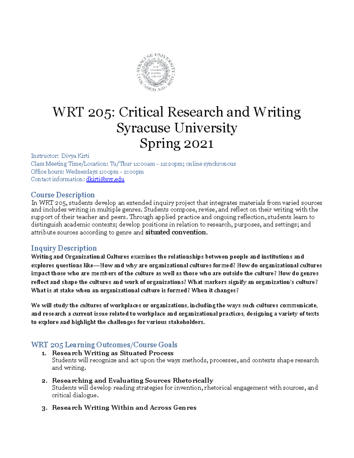 WRT 205 Syllabus - WRT 205: Critical Research and Writing Syracuse ...