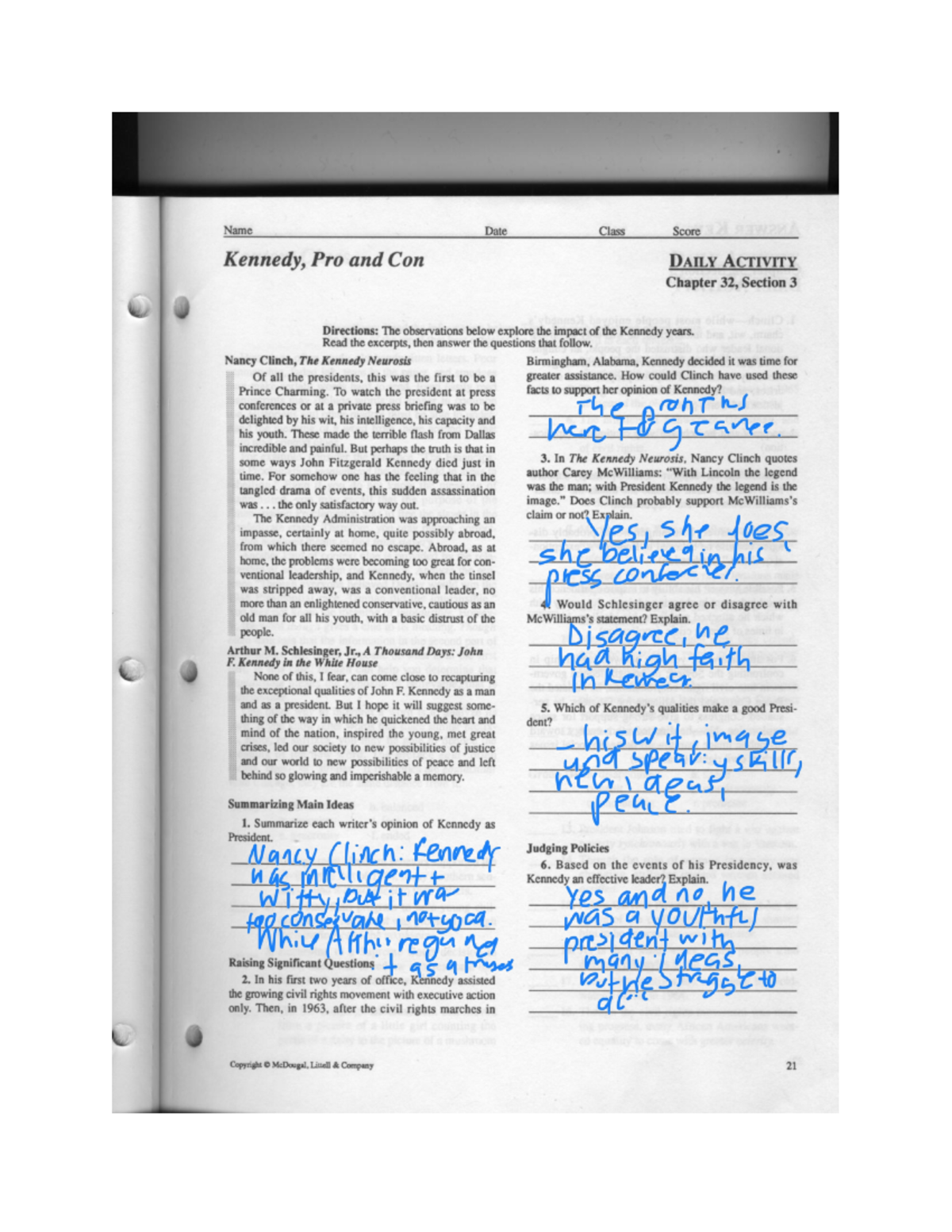 1960s kdy johnson - Apush class - Name Date Class Score Kennedy, Pro ...