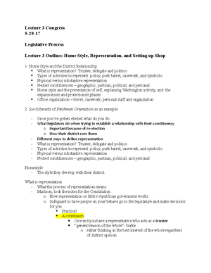 Lecture 6 (Mayhew) - notes - Lecture 6 Notes 1. Goals of Congress ...