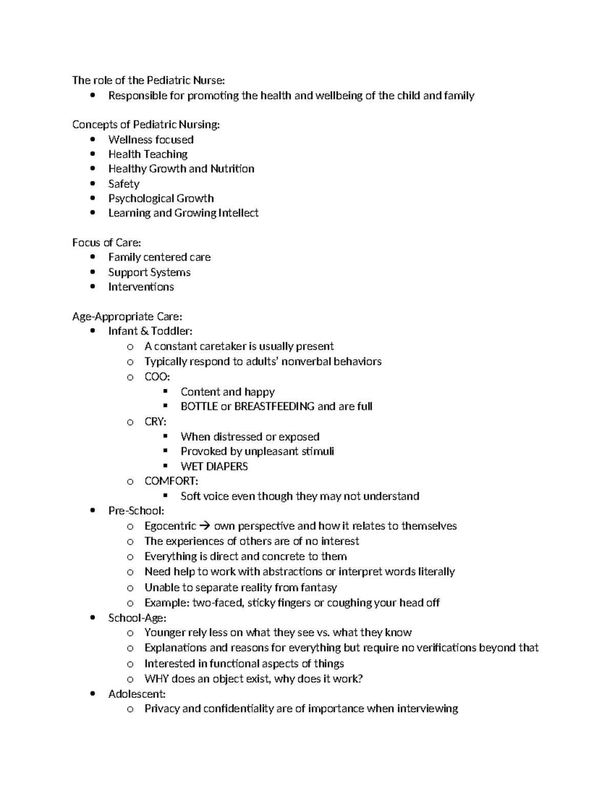 Exam 1 Peds SG - Pediatric notes - The role of the Pediatric Nurse ...