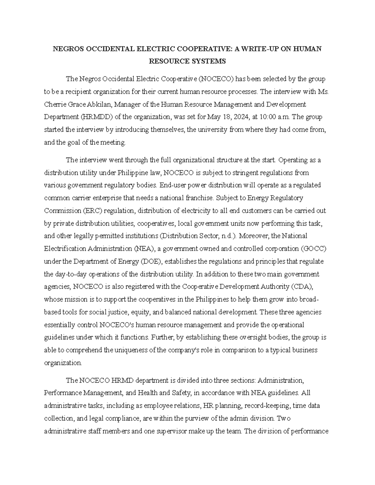 Write-up and HR System - NEGROS OCCIDENTAL ELECTRIC COOPERATIVE: A ...