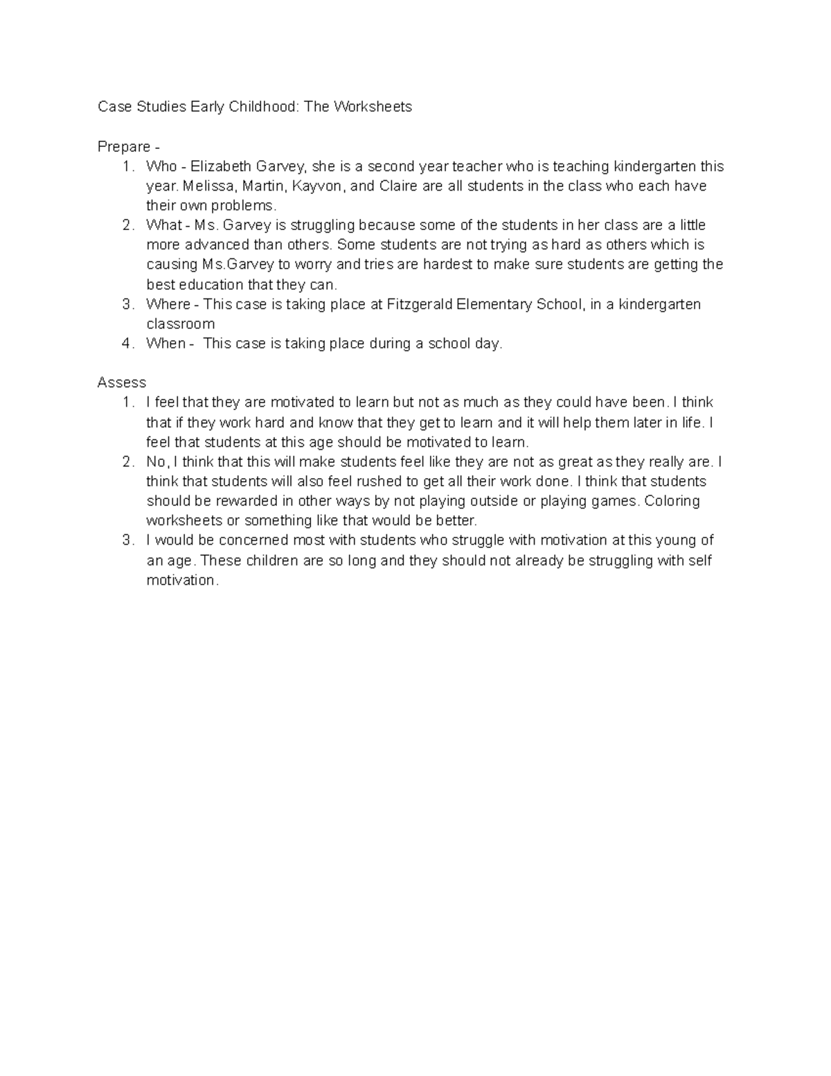 Unit 5 prepare and assess - bep 305 - Case Studies Early Childhood: The ...