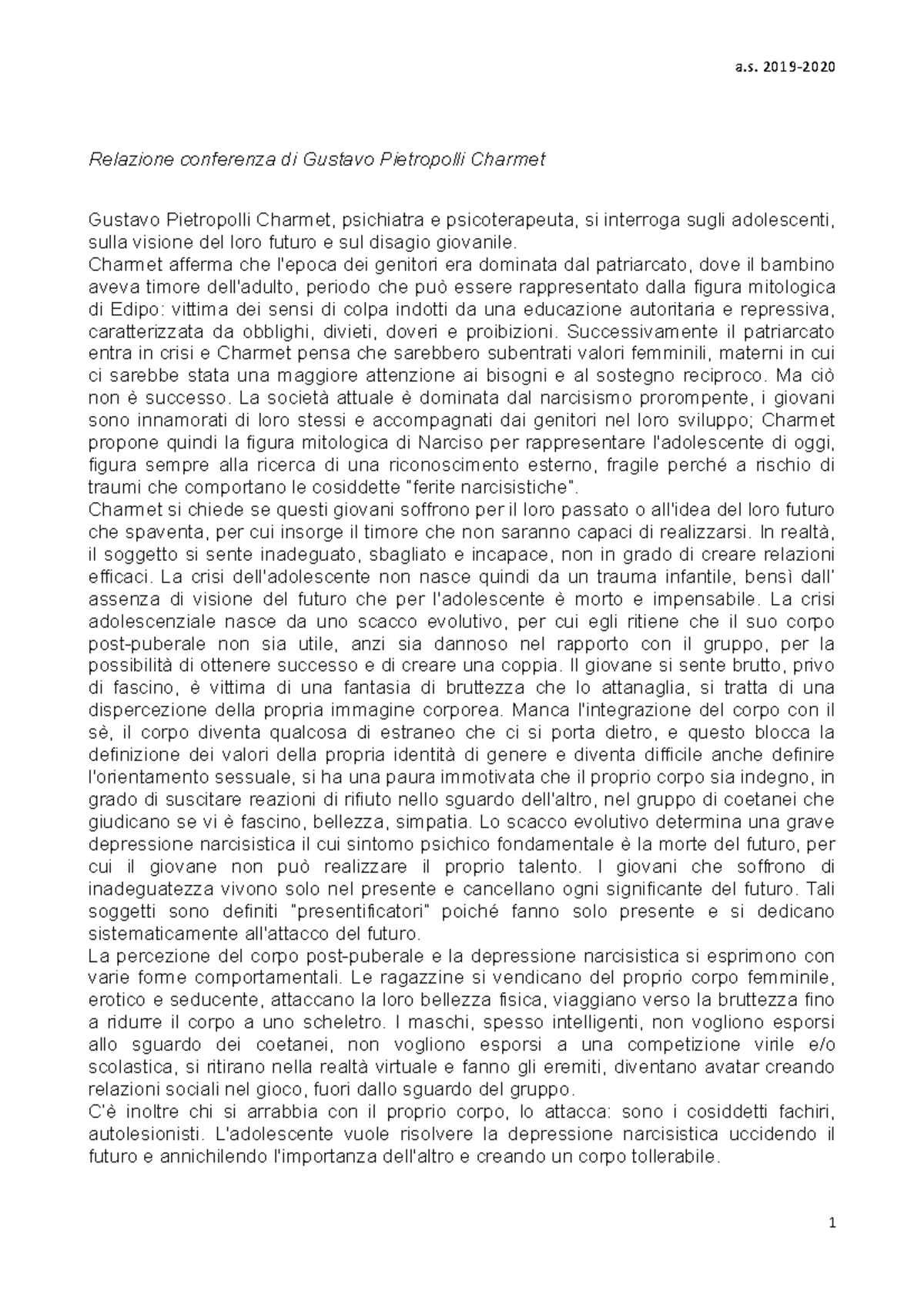 Relazione conferenza di Gustavo Pietropolli Charmet - a. 2019 ...