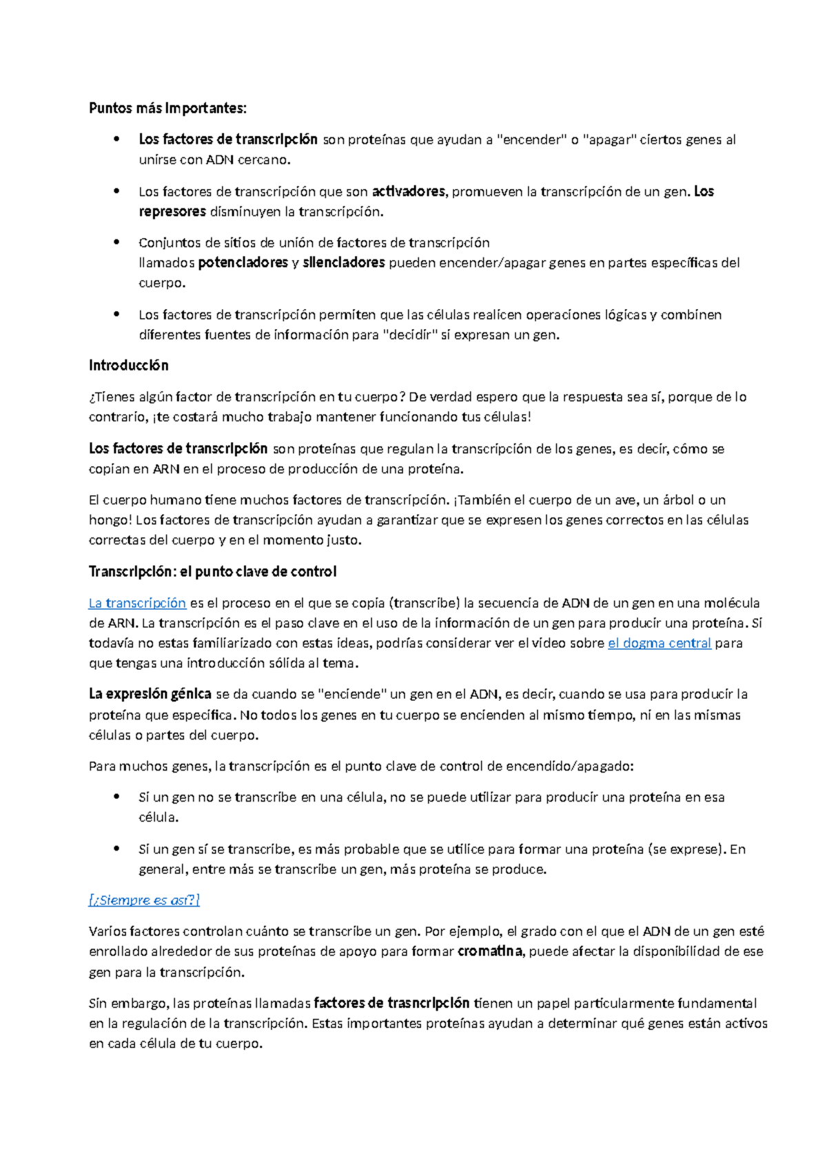 Factores Transcripción - Puntos más importantes: Los factores de ...